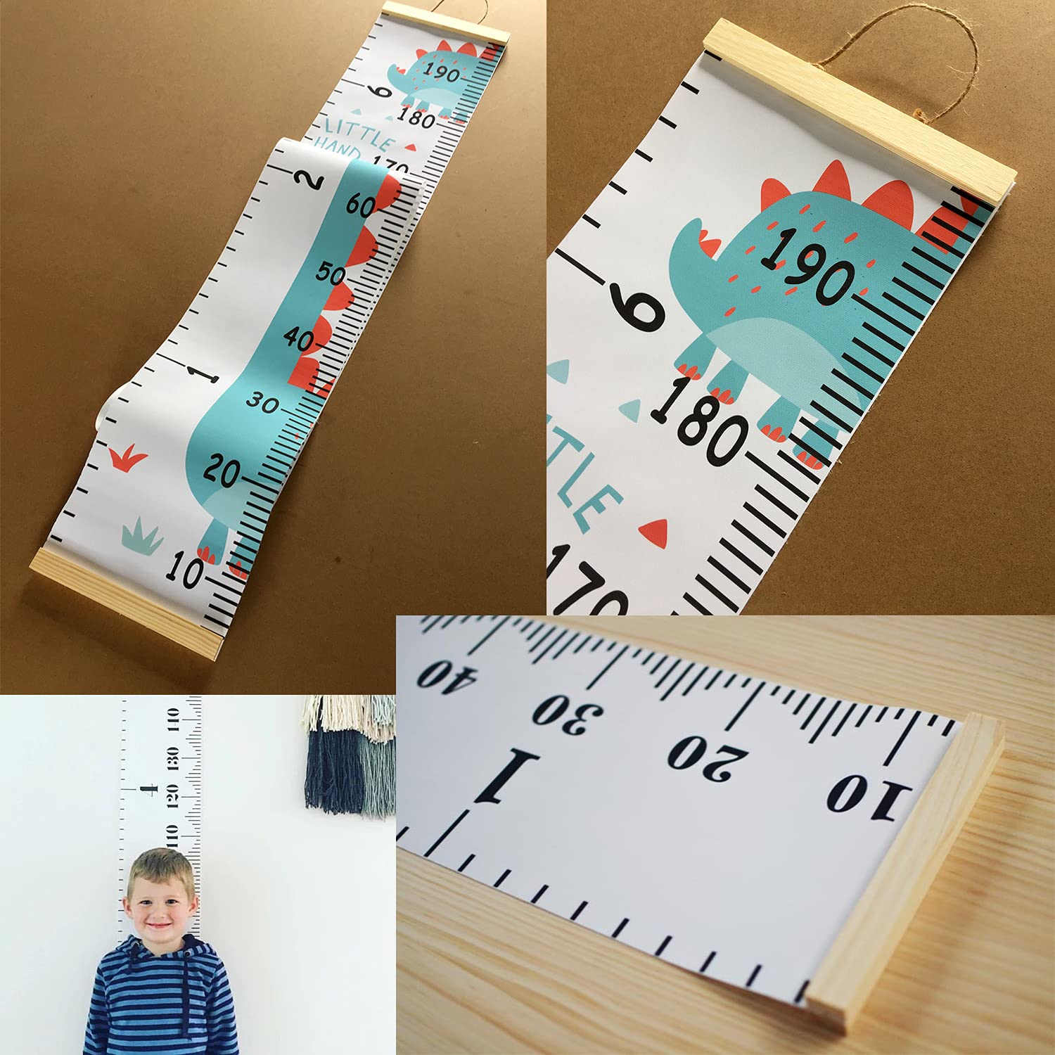 2 Pack Kids Baby Hanging Growth Chart,Hanging Ruler Wall Decor Ruler,Wood Frame Fabric Canvas Removable Height Measurement Ruler for Kids,Toddlers and Babies(Dinoaurs and Basic Styles)