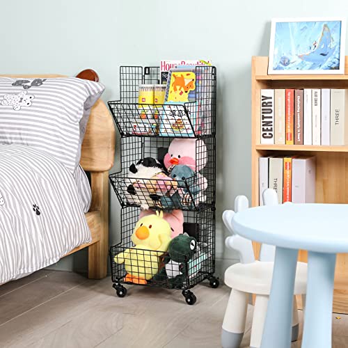 3 Tier Rolling Toy Organizer Basket - Wire Kids Toy Storage with Wheel, S-Hooks, Adjustable Chalkboards - Toy Storage Cart Wall Bookshelf for Kids Room, Playroom, Bedroom