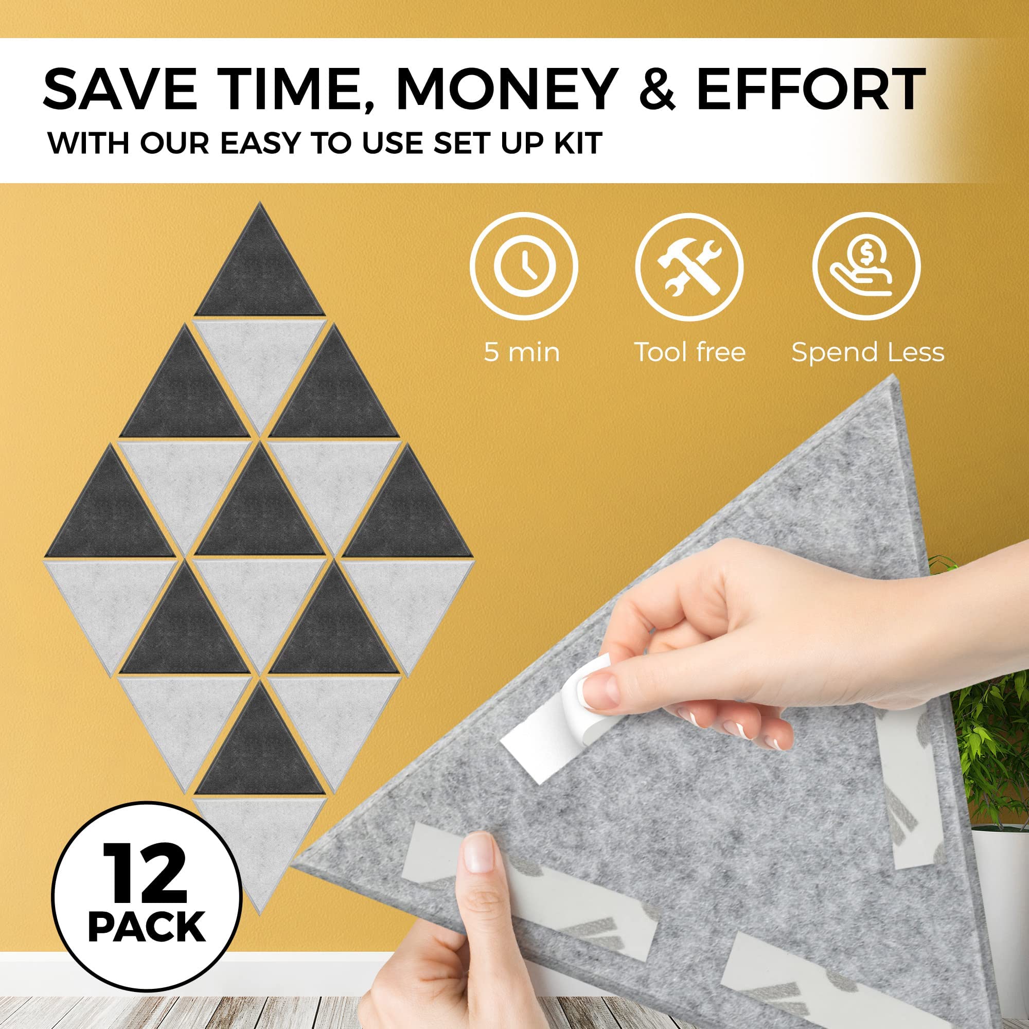 12 Pack Sound Proof Foam Panels in Black and White Beveled Edge | New High Density Triangle Sound Dampening Panels with 3M Tape for Studio, Home & Office | Soundproof Foam Acoustic Panels (Black/Gray)