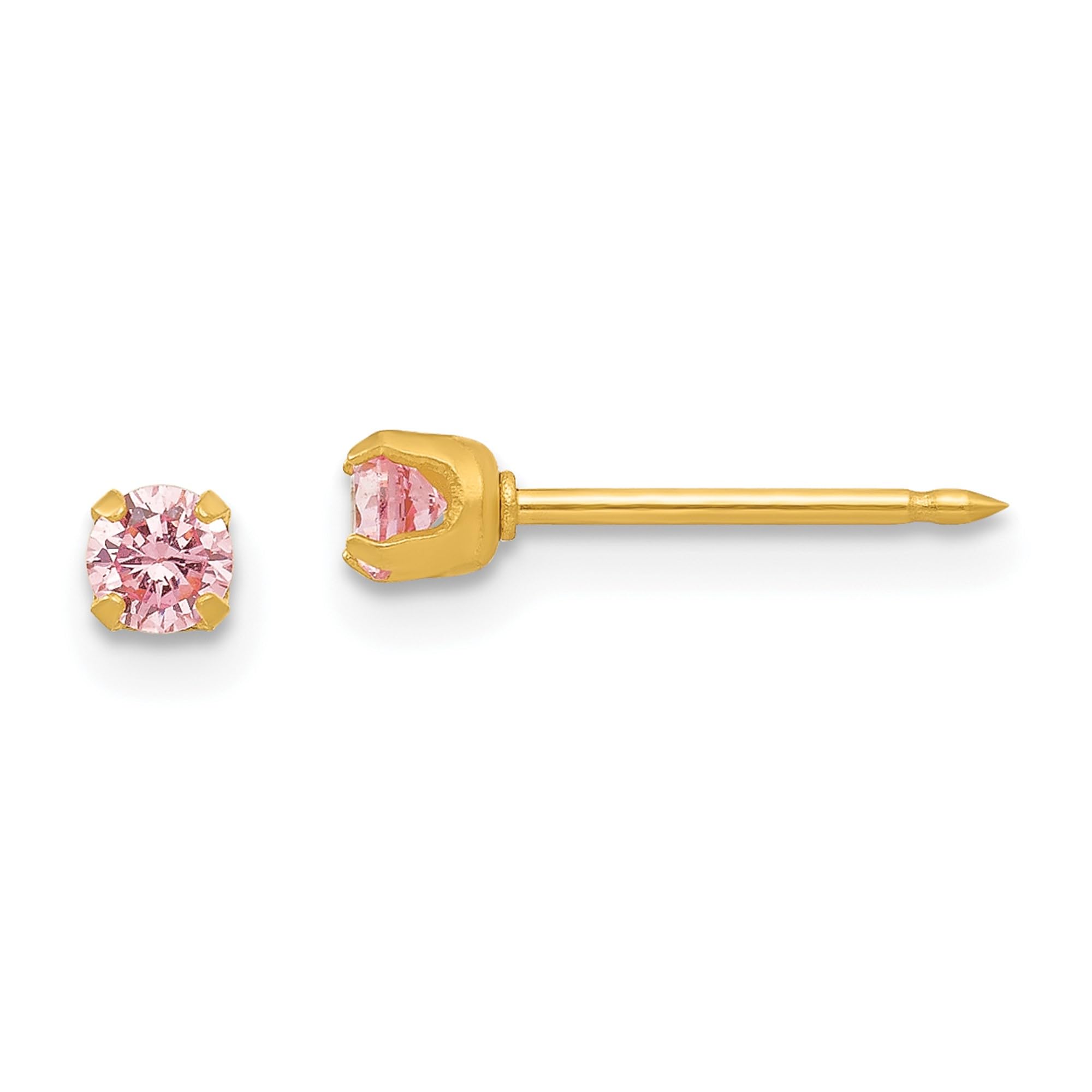 14K Solid Yellow Gold 3mm Pink Cubic Zirconia CZ Stud Earrings
