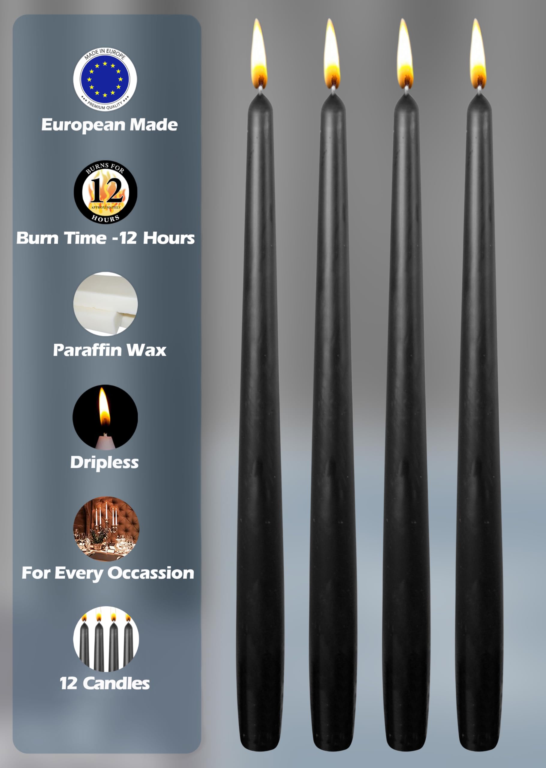 12 Pack Tall Taper Candles - 14 Inch Black Dripless, Unscented Dinner Candle - Paraffin Wax with Cotton Wicks - 12 Hour Burn Time