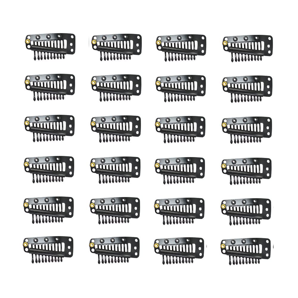 24 Pcs/lot Metal Snap Clips for Hair Extensions, Wigs, Hairpieces and Accessories - 36mm 10-teeth Combs (Black)