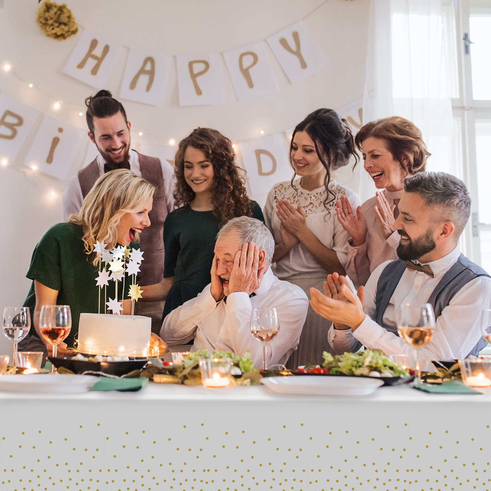 12 Pack White and Gold Dot Plastic Tablecloth, Gold Stamping Dot Confetti Rectangle Plastic Disposable Tablecloth for Birthday Wedding Baby Shower Engagement Anniversary Party Decorations, 54x108 Inch