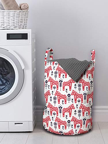 Ambesonne Ethnic Laundry Bag, Folk Inspired Swedish Dala Horse with Floral Ornaments Folklore Art, Hamper Basket with Handles Drawstring Closure for Laundromats, 13" x 19", Dark Coral Indigo
