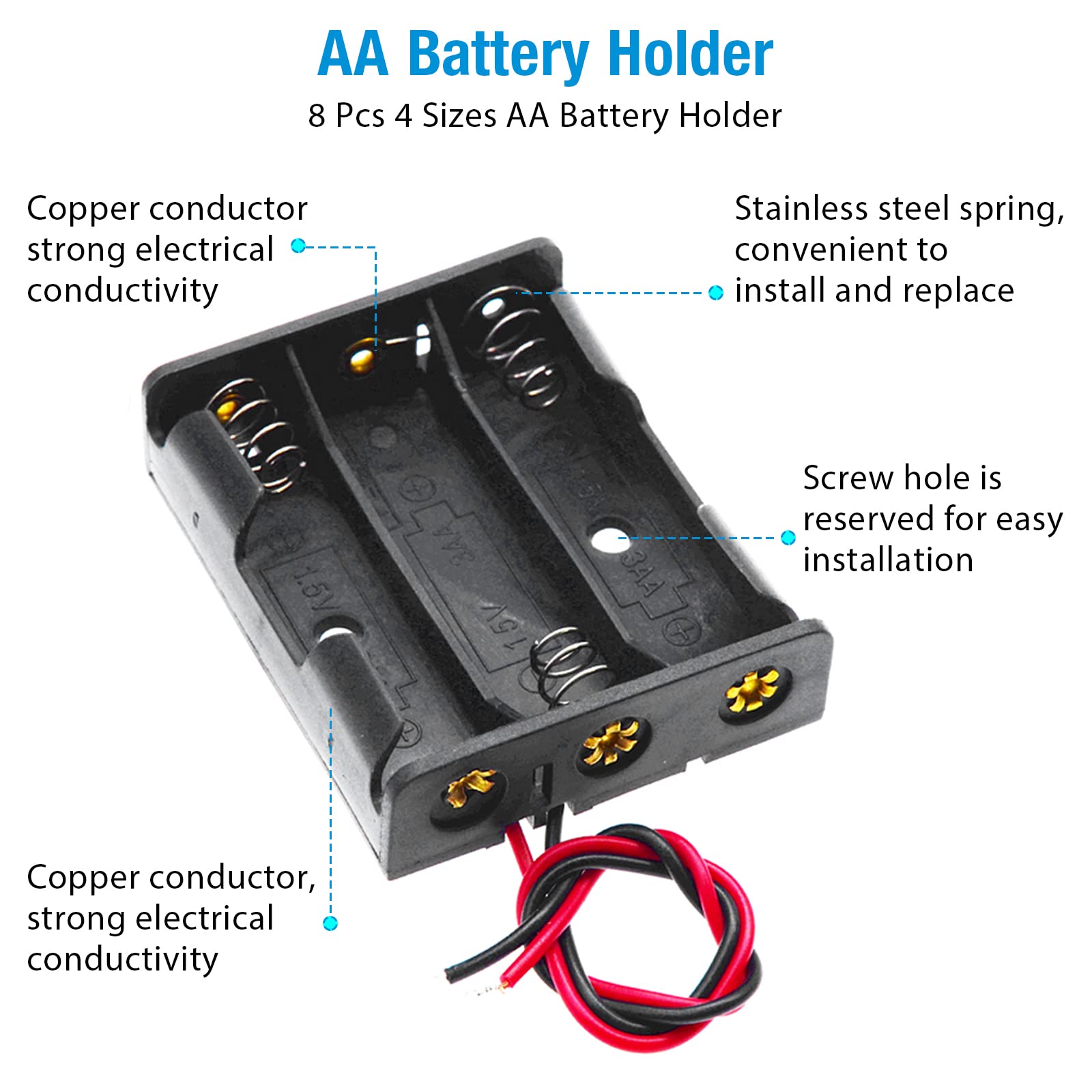 QTEATAK 8 Pack AA Battery Holder Bundle with Wire 1 AA Battery Holder 1.5V, 2 Pcs, 2 AA Battery Holder 3V, 2 Pcs, 3 AA Battery Holder 4.5V, 2 Pcs, 4 AA Battery Holder 6V, 2 Pcs