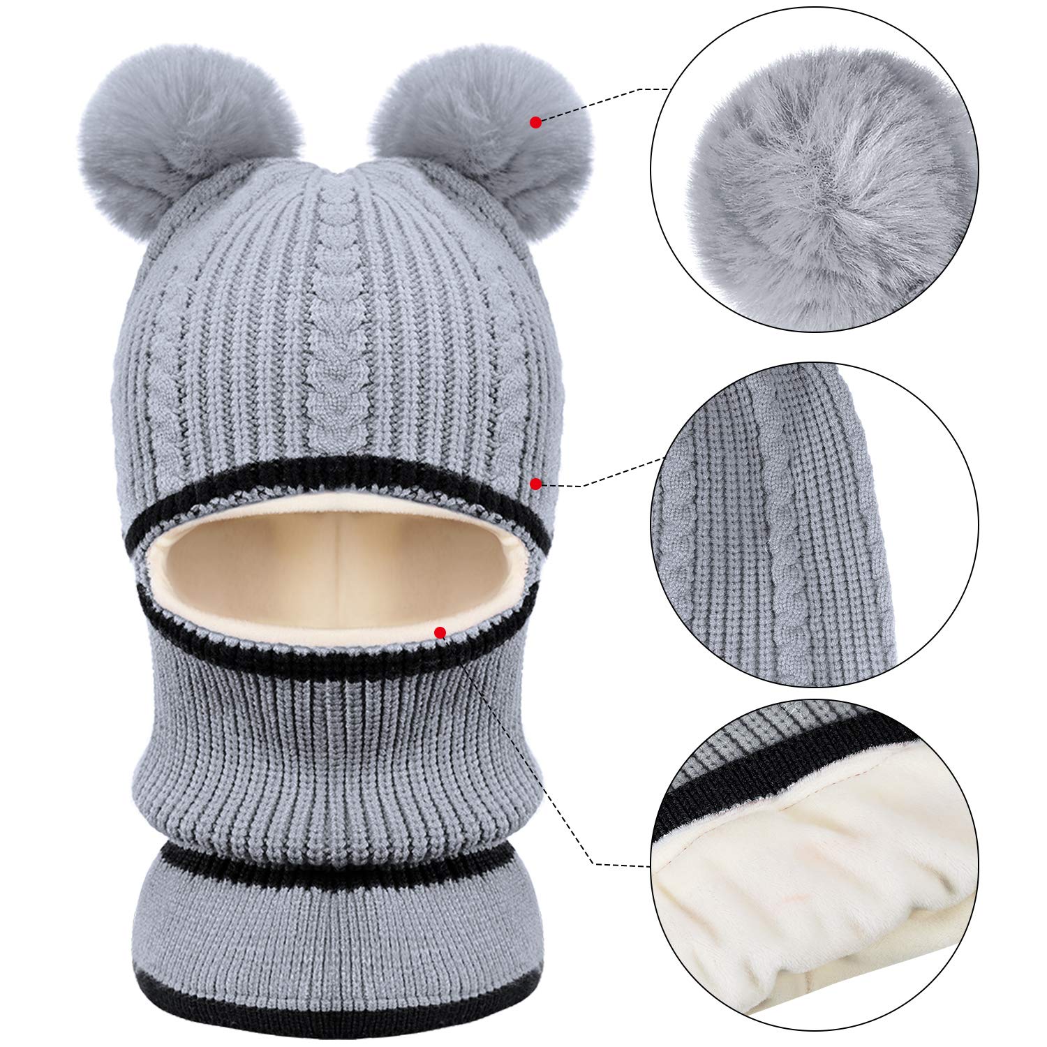 2 Pieces Kids Hood Scarf Kids Knit Hat Winter Thick Earflap Skull Caps for Boy Girls (Pink, Gray)