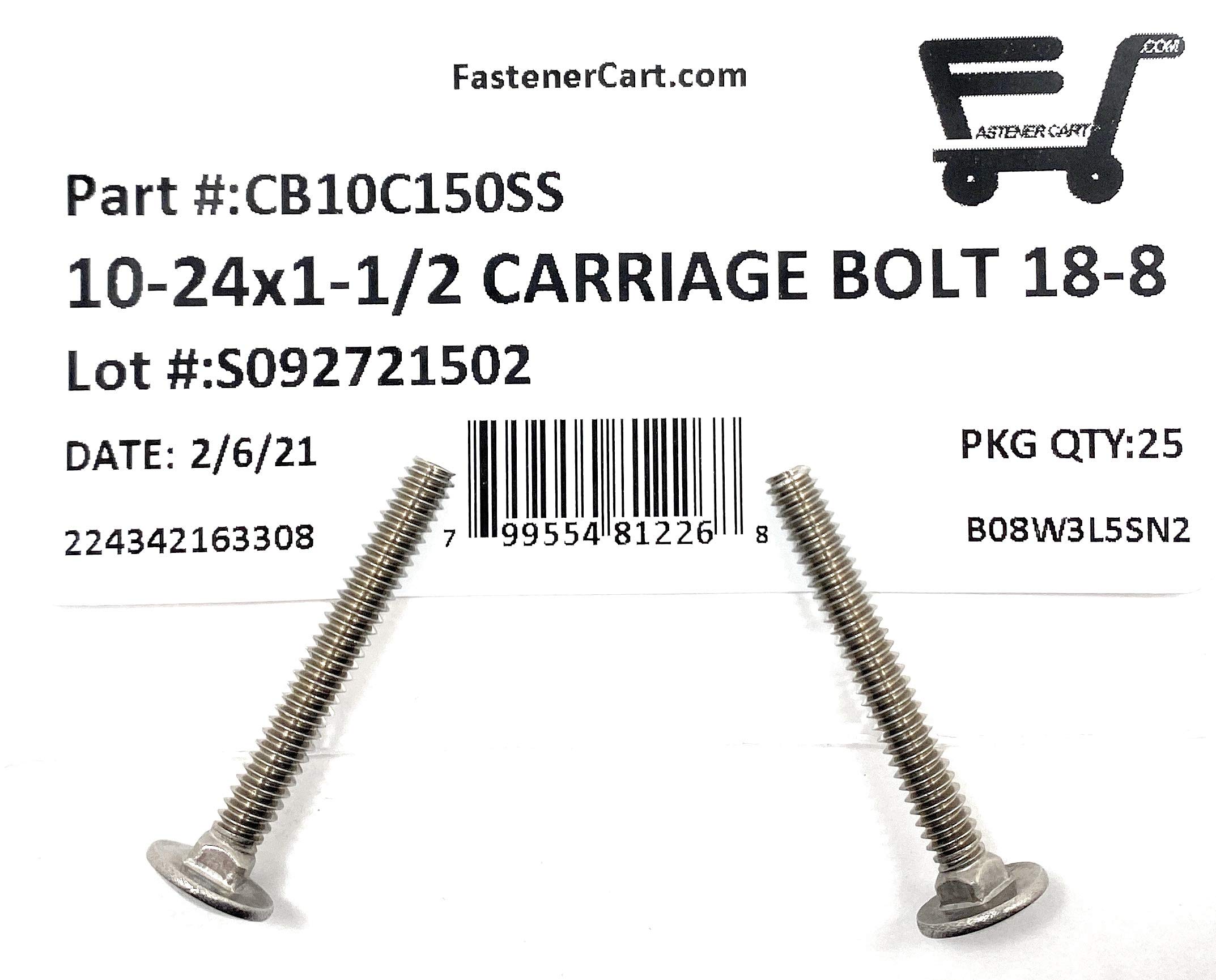 10-24x1-1/2 Carriage Bolts Stainless Steel 18-8 (25 Pieces)
