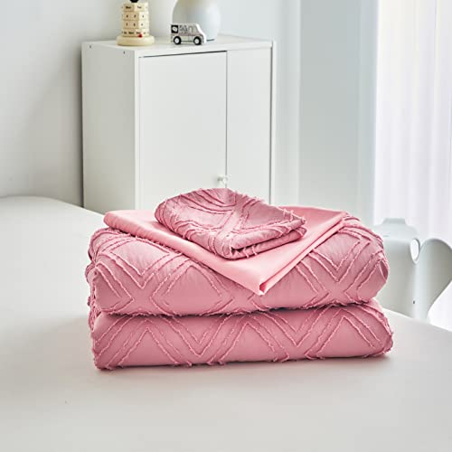 4 Pieces Tufted Toddler Bedding Set Solid Pink Jacquard Tufts, Soft and Embroidery Shabby Chic Boho Bohemian Design for Baby Girls, Includes Comforter, Flat Sheet, Fitted Sheet and Pillowcase