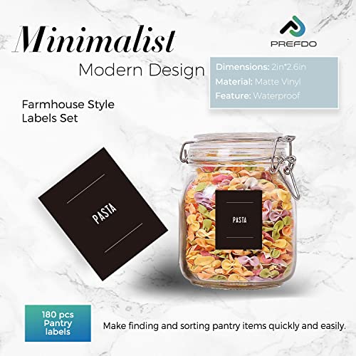 180 Preprinted Pantry Labels, Prefdo Waterproof Minimalist Food Label Stickers Set to Kitchen Organization Storage Containers, Jars & Canisters(Black)