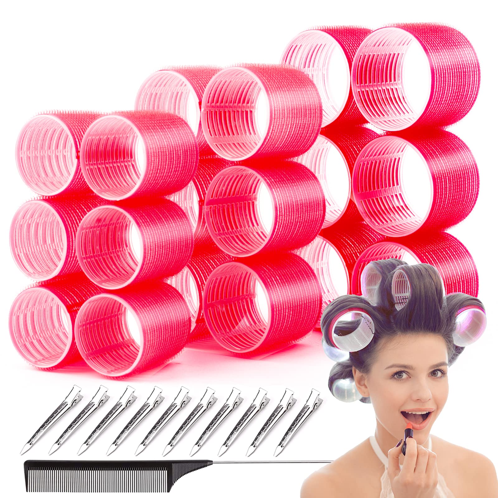2.3 Inch Hair Rollers for Long Medium Short Hair, Self Grip Heatless Large Hair Curlers for Women With 10 Hair Clips & 1 Rat Tail Comb (2.3/1.9/1.4 Inch) Pink