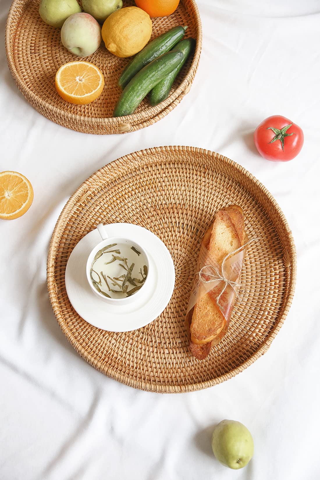 HITOMEN 14.2'' Hand-Woven Round Rattan Serving Tray Decorative Ottoman Wicker Platter with Handles for Coffee Table, Breakfast, Drinks, Snack, Bread, Fruit, Vegetables (Natural-L)