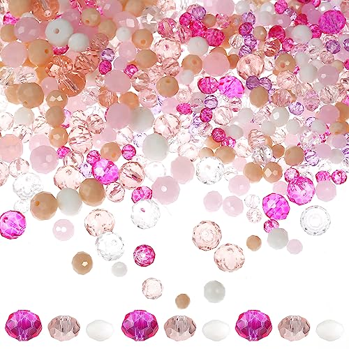 1000pcs Crystal Glass Beads Kit, 4/6/8mm Pink Loose Assorted Crystal Beads Sparkle Round Glass Beads with Holes for Jewelry Necklace Bracelet Making