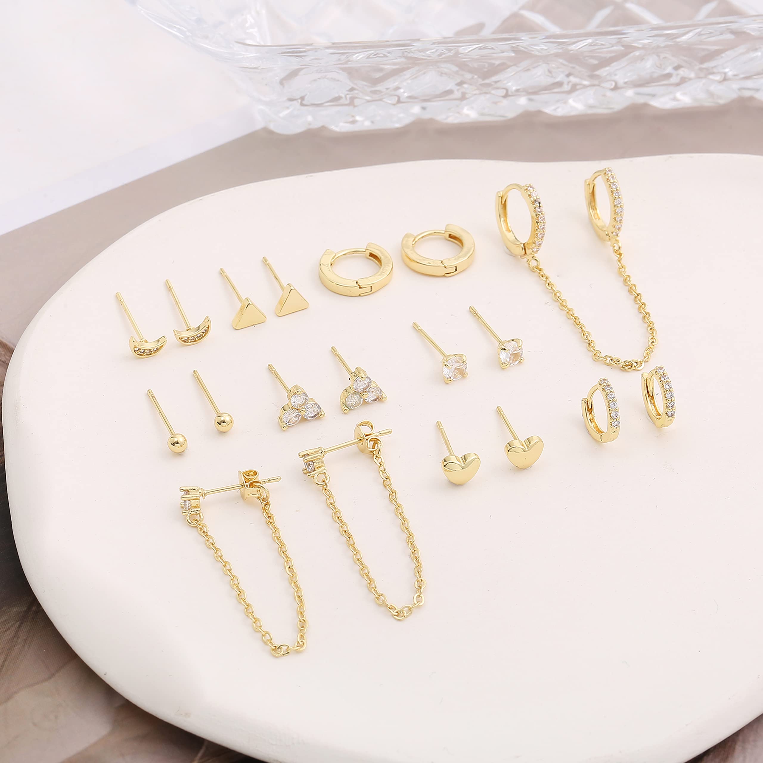 10 Pairs 14K Gold Plated Studs Earrings and Hoops Set for Women, Hypoallergenic Small Dainty Minimalist Chain Hoop CZ Ball Earrings Sets for Multiple Piercing. (1-GOLD)