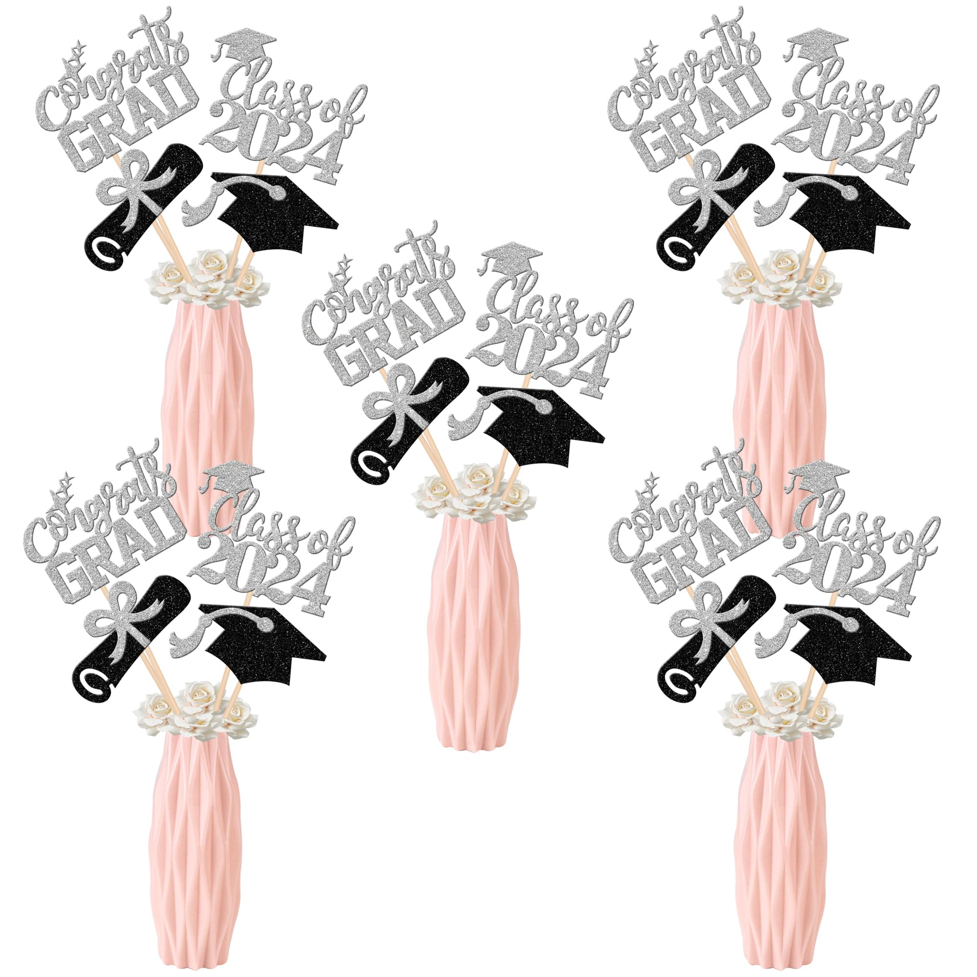 12 PCS 2024 Graduation Centerpiece Sticks Assembled Class of 2024 Congrats Grad Cake Toppers Diploma Graduation Cap Table Flower Centerpiece Sticks for 2024 Graduation Theme Party Supplies Silver
