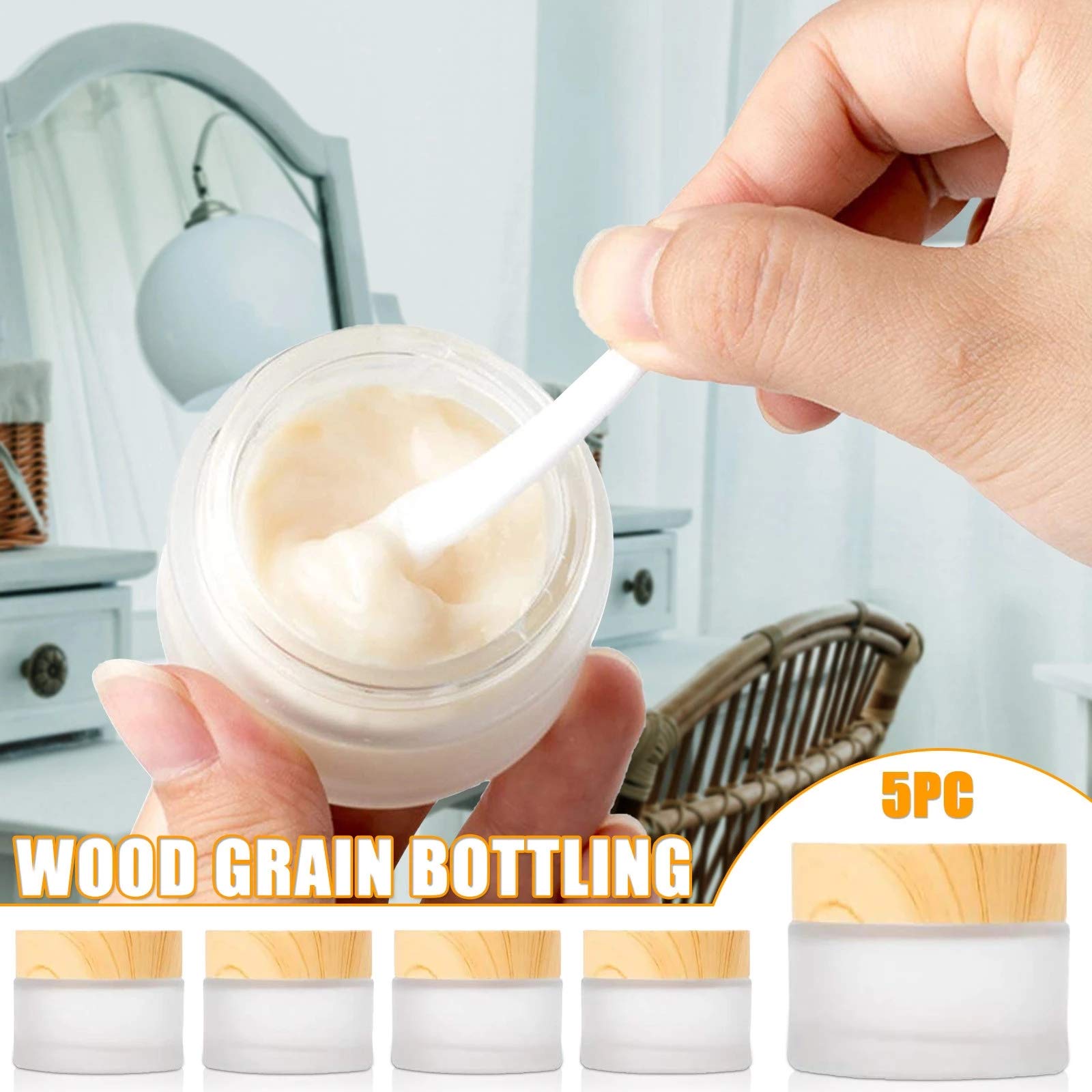 5 Pack 5g/10g/15g/30g/50g Frosted Glass Cream Jar,Empty Makeup Cosmetics Container Jar Pot With Wood Grain Lid for Face Cream Cosmetic Eye Shadow-FREE 5 Plastic Pick Stick