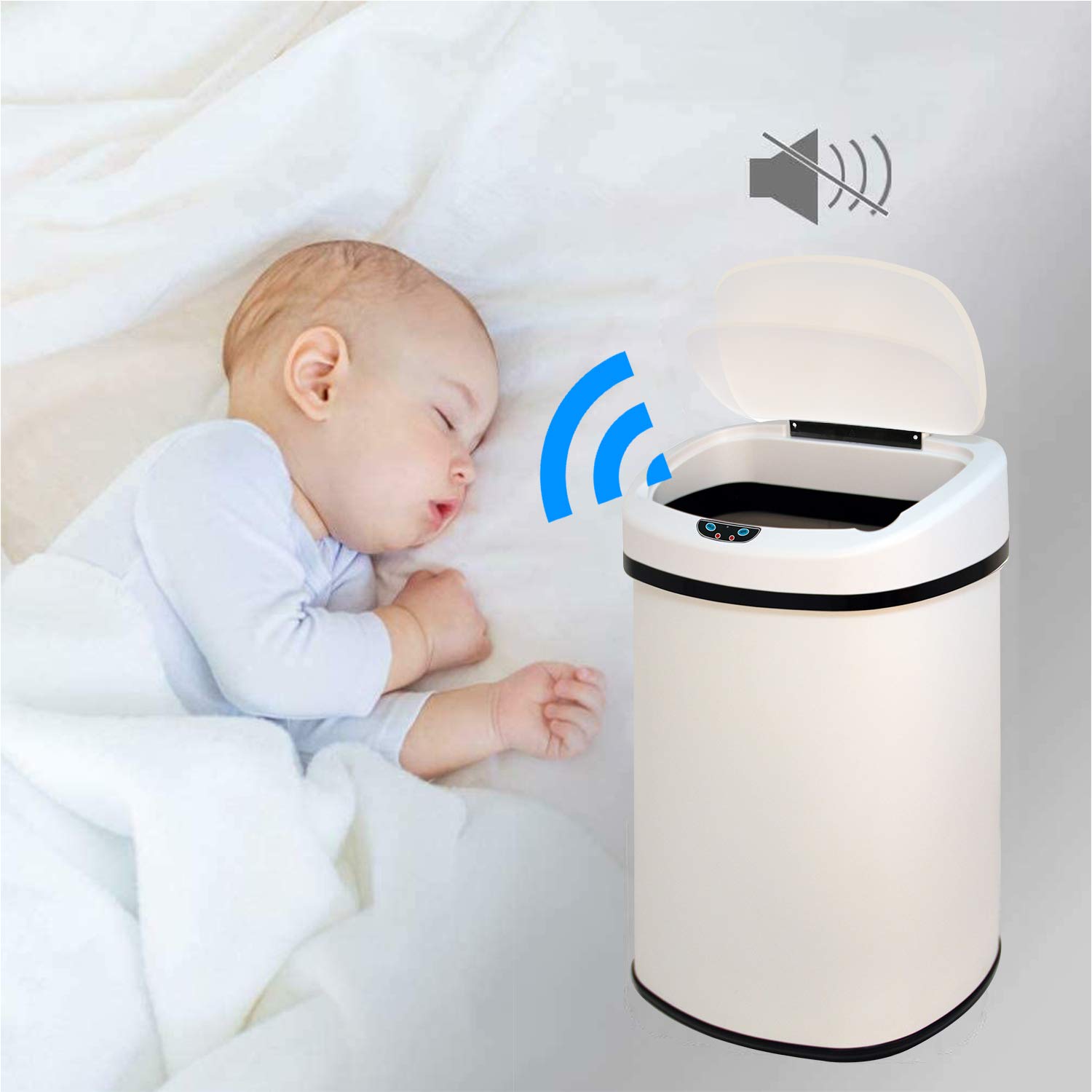 13.2 Gallon Trash Can Kitchen Bathroom Bedroom Stainless Steel Automatic Garbage Can with Odor Control System, 50 Liter Semi-Round No Touch Motion Sensor with Plastic Lid Brushed Waste Bin-White