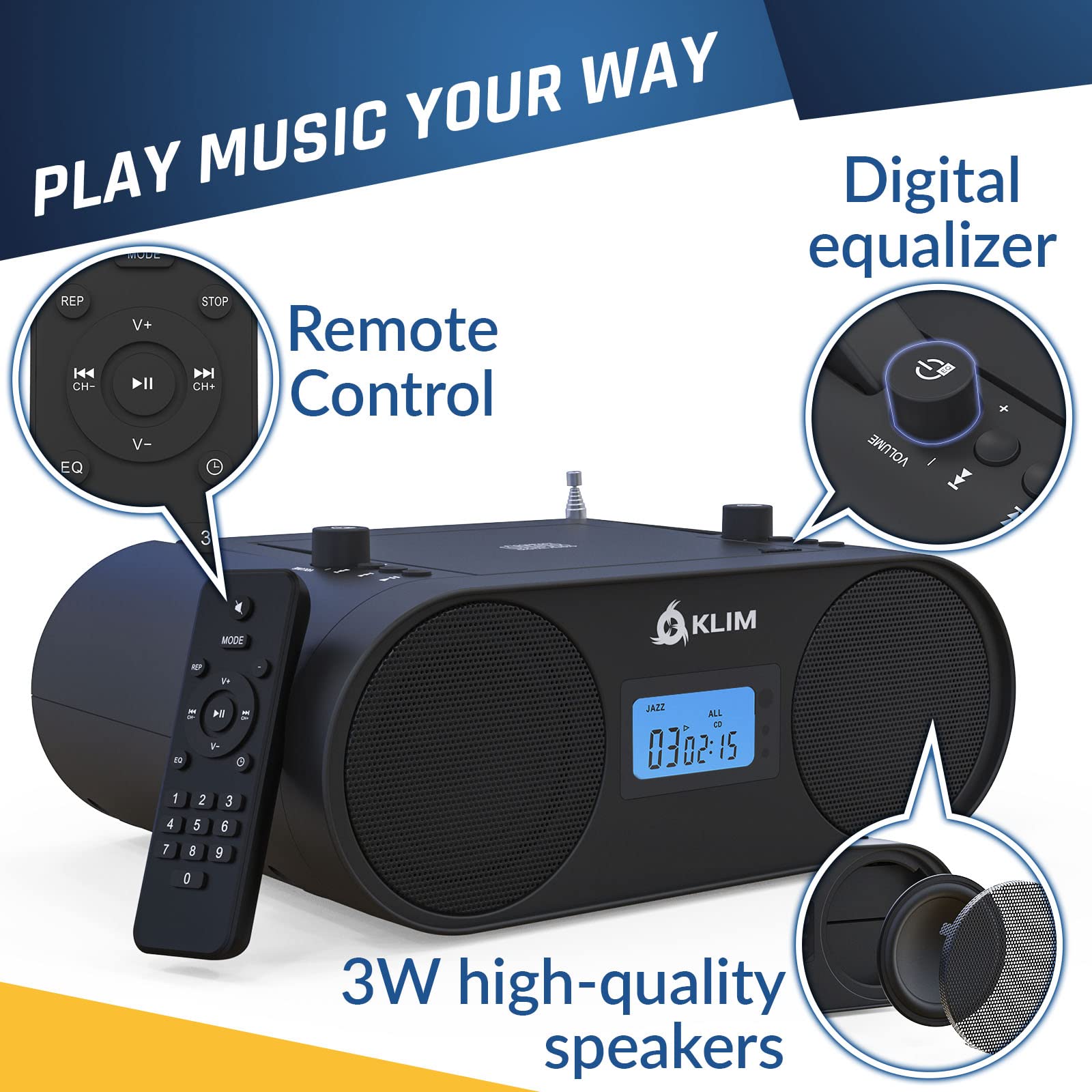 KLIM Boombox B4 CD Player Portable Audio System + AM/FM Radio with CD Player, MP3, Bluetooth, AUX, USB + Wired & Wireless Mode, Rechargeable Battery + Remote Control, Autosleep, Digital EQ + New