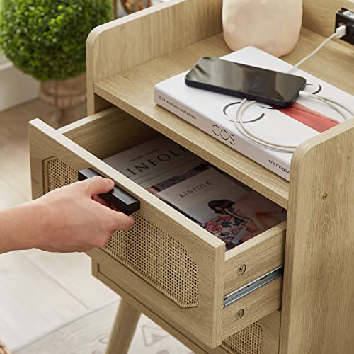 2 PC Nightstands with 2 Natural Rattan Decorated Drawers, Bedside End Table Side Table with 2 AC Outlets & 2 USB Ports, Solid Wood Legs & Particle Board Frame, Natural