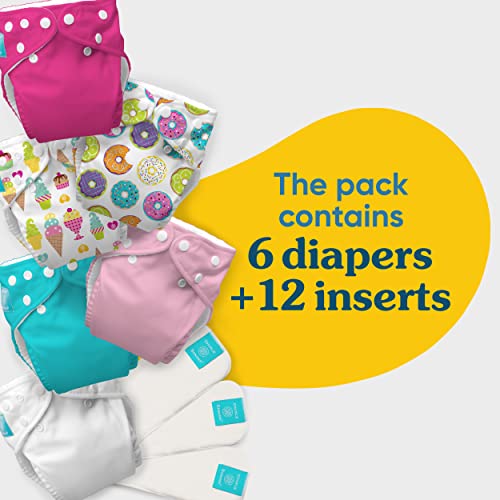 2-in-1 Reusable Fleece Cloth Diapering System, Reusable and Washable, 6 Diapers and 12 Inserts, Dessert, One Size