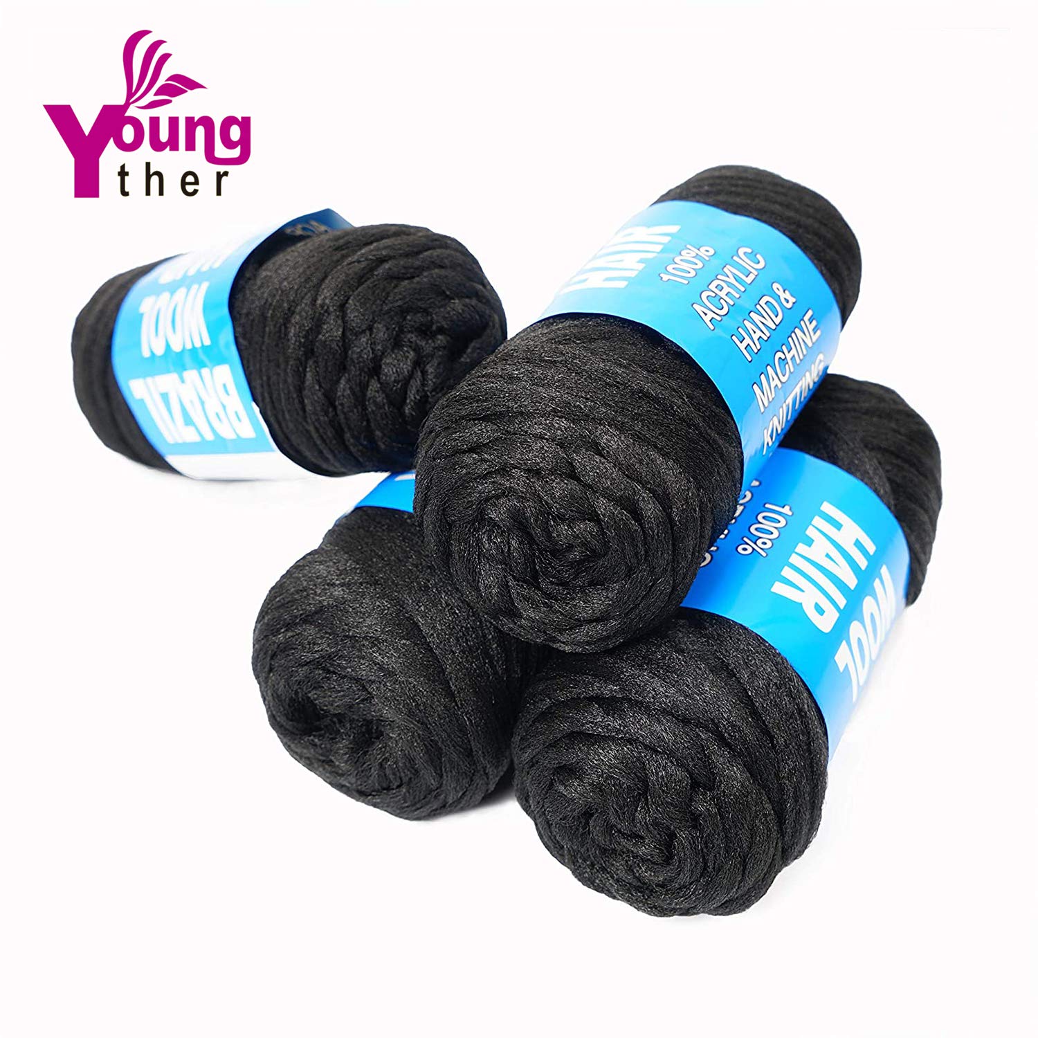 100% Brazilian Wool Hair Acrylic Yarn for African Braids/Senegalese Twist/Faux Locs/Wraps with Crochet Hook(4 Roll, Natural Black)
