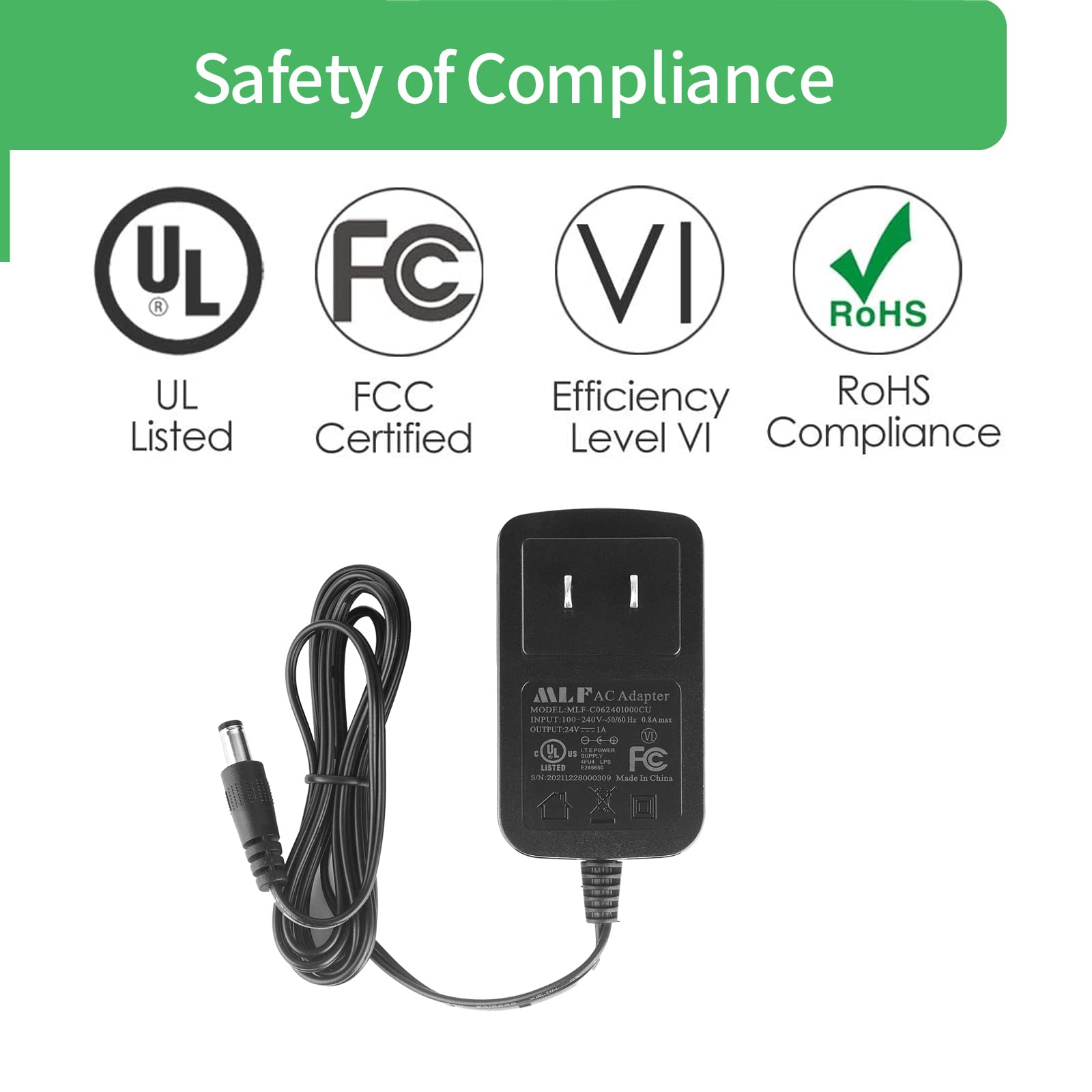 2-Pack AC to DC 24V 1A Power Supply Adapter, Plug 5.5mm x 2.1mm UL Listed FCC