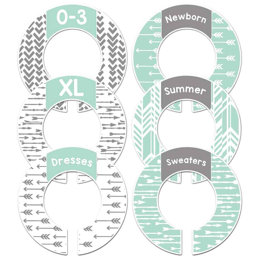 6 Adult or Baby Nursery Clothing Size Closet Rod Divider Tags Mint Gray Arrows