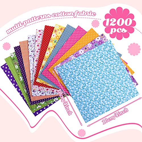 1200 Pcs 4 x 4 Inches Cotton Fabric Bundle Floral Precut Fat Squares Fabric Scraps Cotton Quilting Fat Flower Fabric Patchwork for DIY Craft Sewing Clothing
