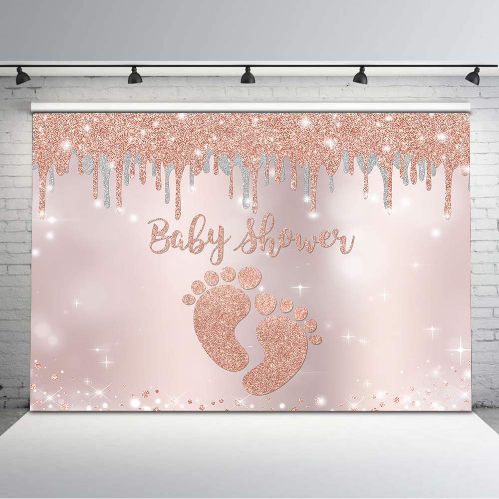 Avezano Rose Gold Baby Shower Backdrop Glitter Shimmer Little Feet Girl Baby Shower Background Vinyl Bling Rose Gold Baby Shower Backdrops Decorations (10x8)