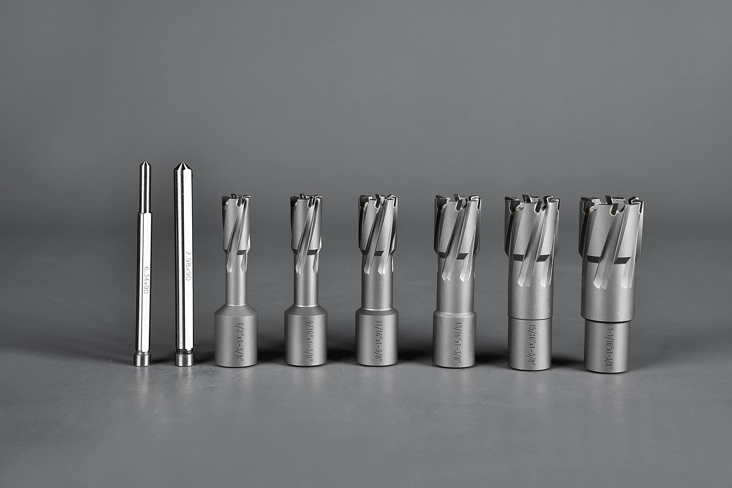 Annular Cutter Set Carbide 8pcs JESTUOUS 3/4 Inch Weldon Shank 1-3/8 Cutting Depth and Cutting Diameter from 1/2 to 1-1/16 Two Flat TCT Bit for Drill Press with 2 Pilot Pins