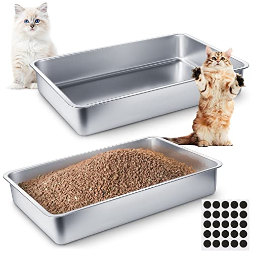 2 Pcs Stainless Steel Litter Box Rust Proof Metal Cat Box Stainless Cat Litter Box Odor Control Small Litter Box and Non Slip Rubber Feet for Cats Kitten Non Stick Smooth Surface (24 x 16 x 4 inch)