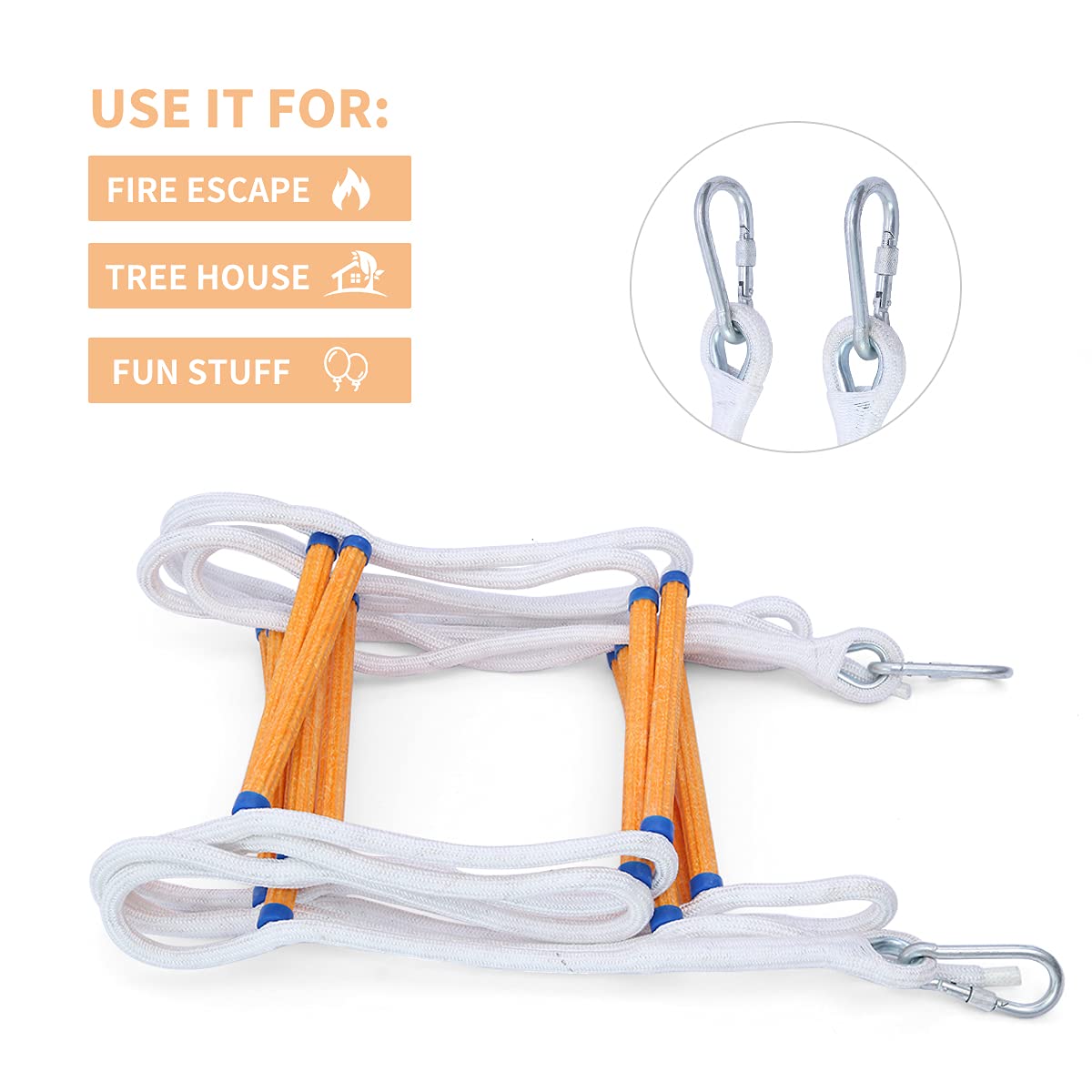 2.5M Safety Balcony Fire Escape Ladder with Hooks Carabins | 1 Story for Adults and Kids |Reusable Multi-use for Treehouse|Weight Capacity up to 2000 lb 8ft