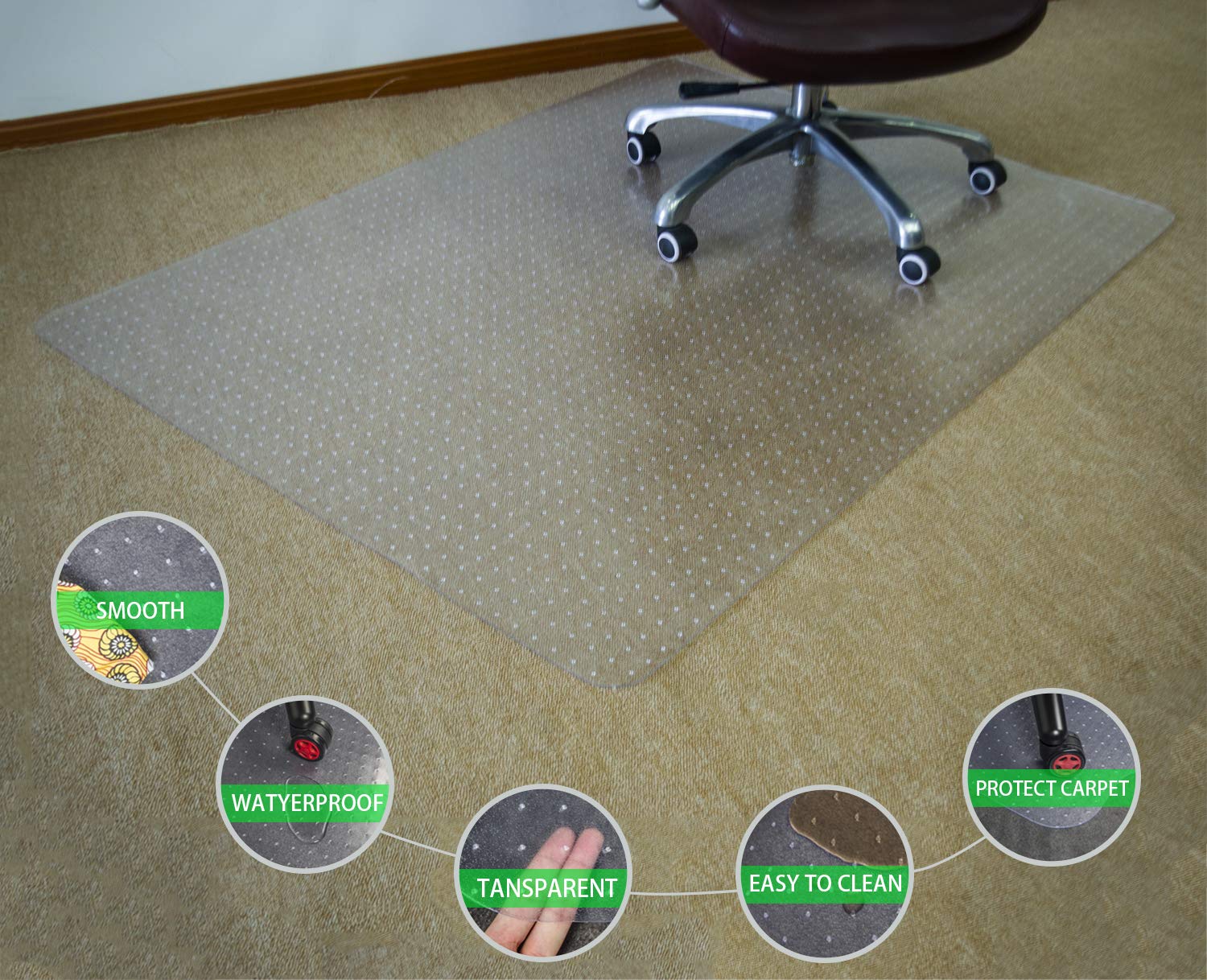 100pointONE Office Chair Mat for Carpets - 60'' x 46'' 0.09'' Thick Transparent Floor Mats for Flat Low and No Pile Carpeted Floors, with Grippers (60'' X 46'' Rectangle)