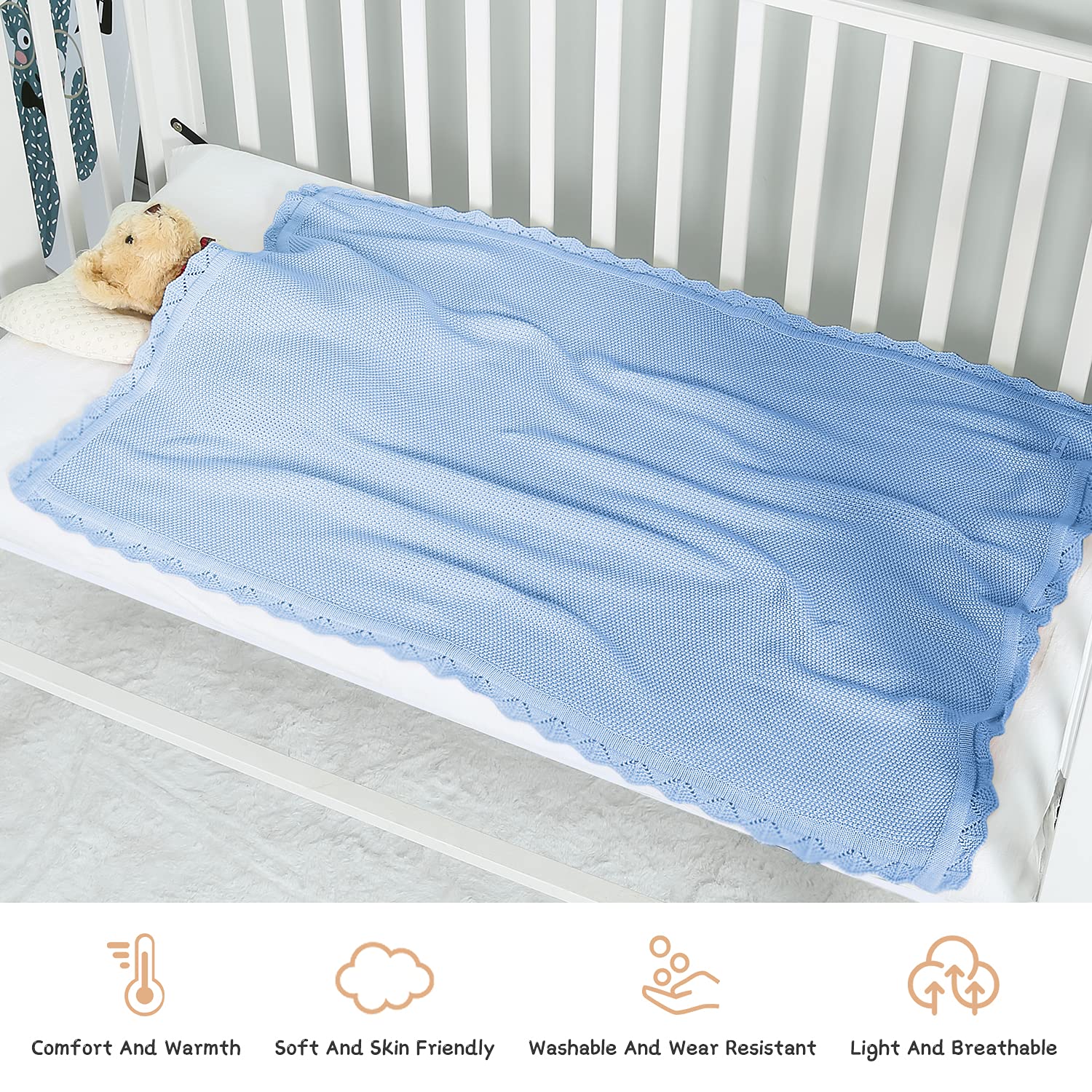 100% Cotton Baby Blanket Knit Lace Soft Warm Toddler Blanket, 30 x 40 Inches,Blue