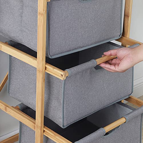 3-Tier Organizer Storage Shelf with Bamboo Frame and Pull Out Fabric Baskets Storage Drawers Unit,Laundry Towel Hamper Cabinet Tower Three Part Compartment Sorter Basket (3-Tier,Style 1)