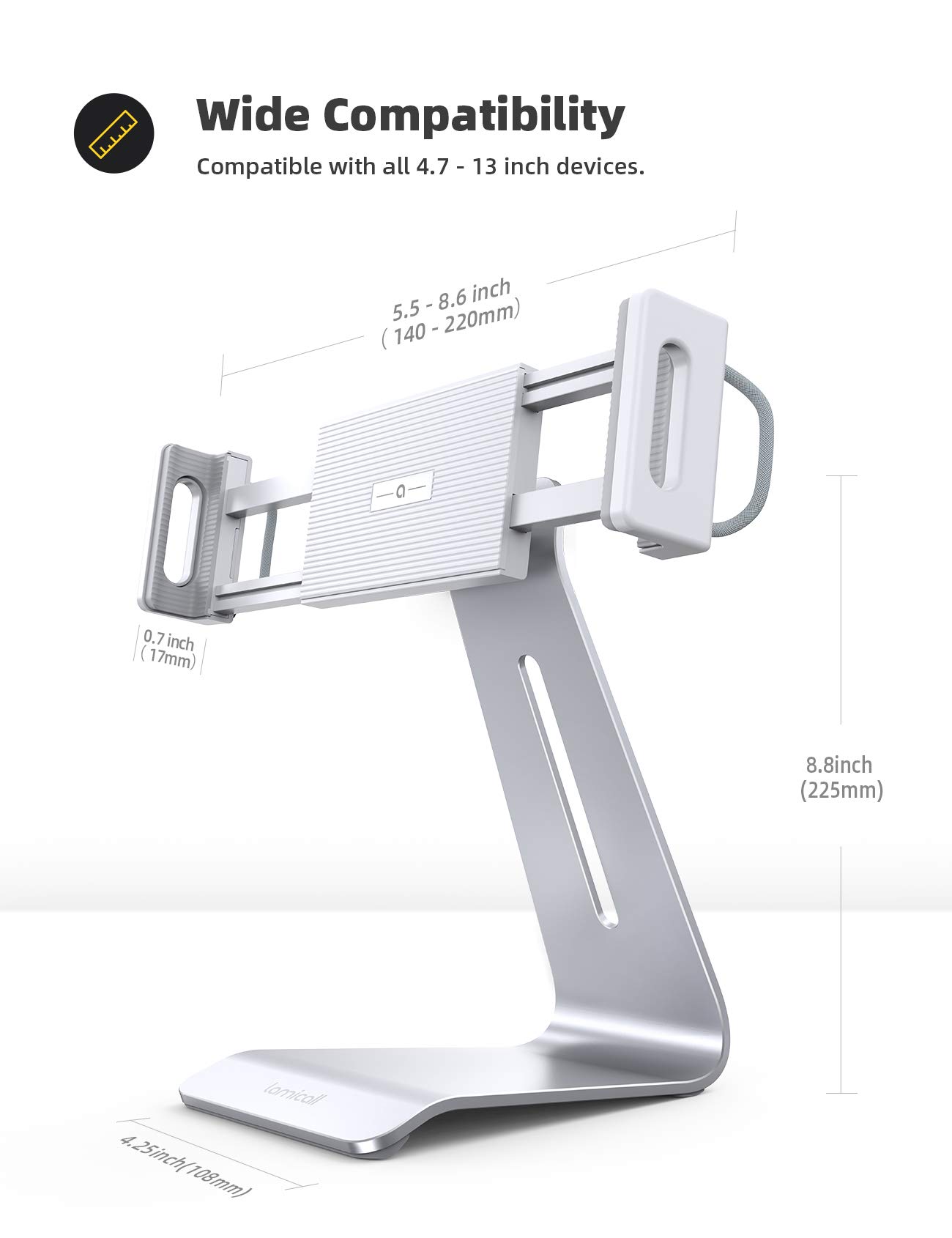 Lamicall Tablet Stand, Adjustable Tablet Holder Dock - 360 Degree Rotating Tablet Mount, Desktop Tablet Dock, Compatible with iPad Pro, Mini, Air, Galaxy Tabs, Kindle and 5.5-8.6" Wide Tablet - Silver