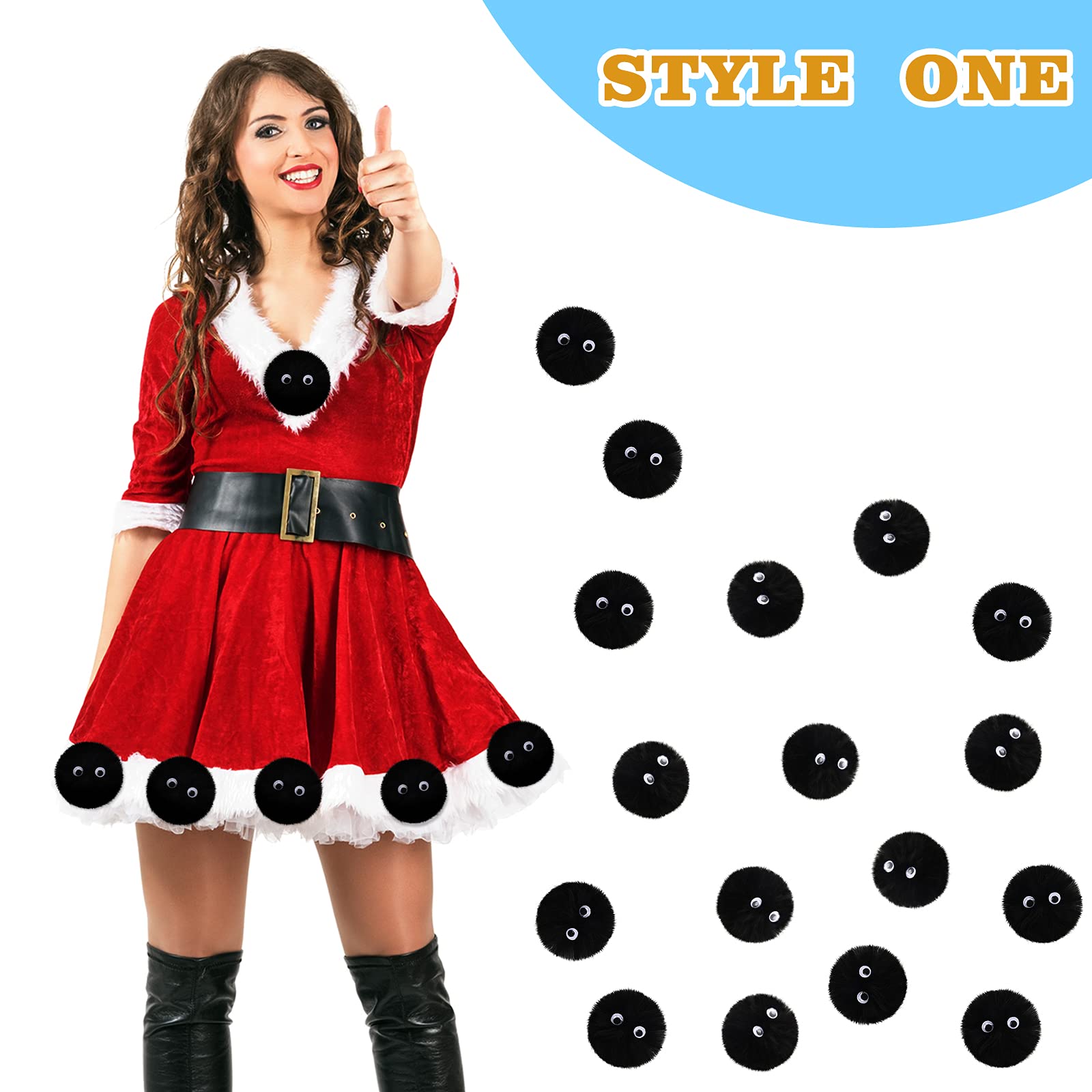 30 Pieces 2.6 Inch Black Pom Pom Balls Fluffy Craft Pom Poms Large Black Pom Poms Creative Crafts Decorations with 100 Pieces Plastic Self-adhesive Googly Eyes for DIY Craft Christmas Party Decoration