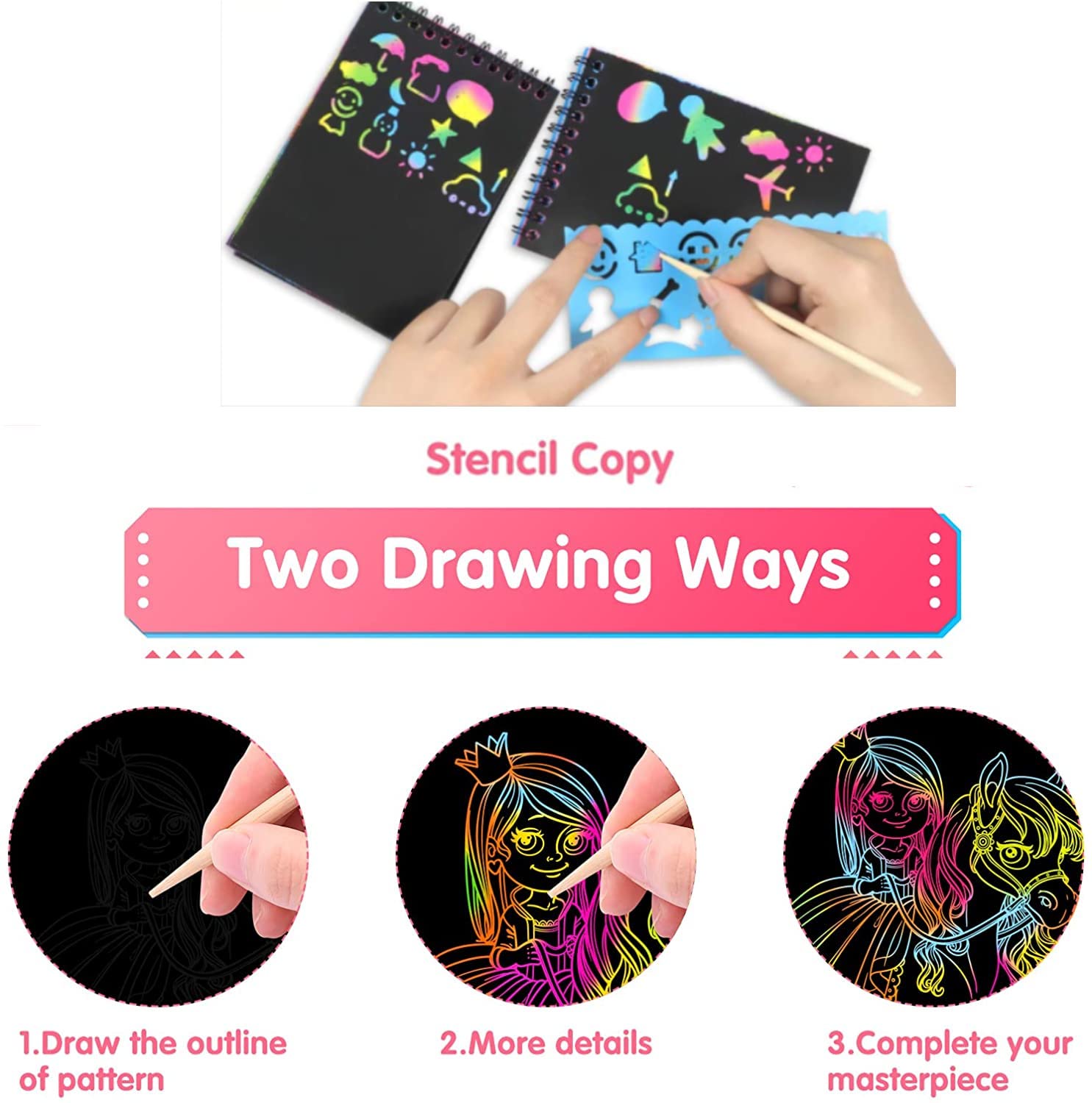 16 Pack Drawing Notebook Set, Scratch Art Paper Rainbow Mini Notes, Sketch Drawing Pad for Kids Party Favors（with 16 Wooden Stylus & 4 Drawing Stencils）