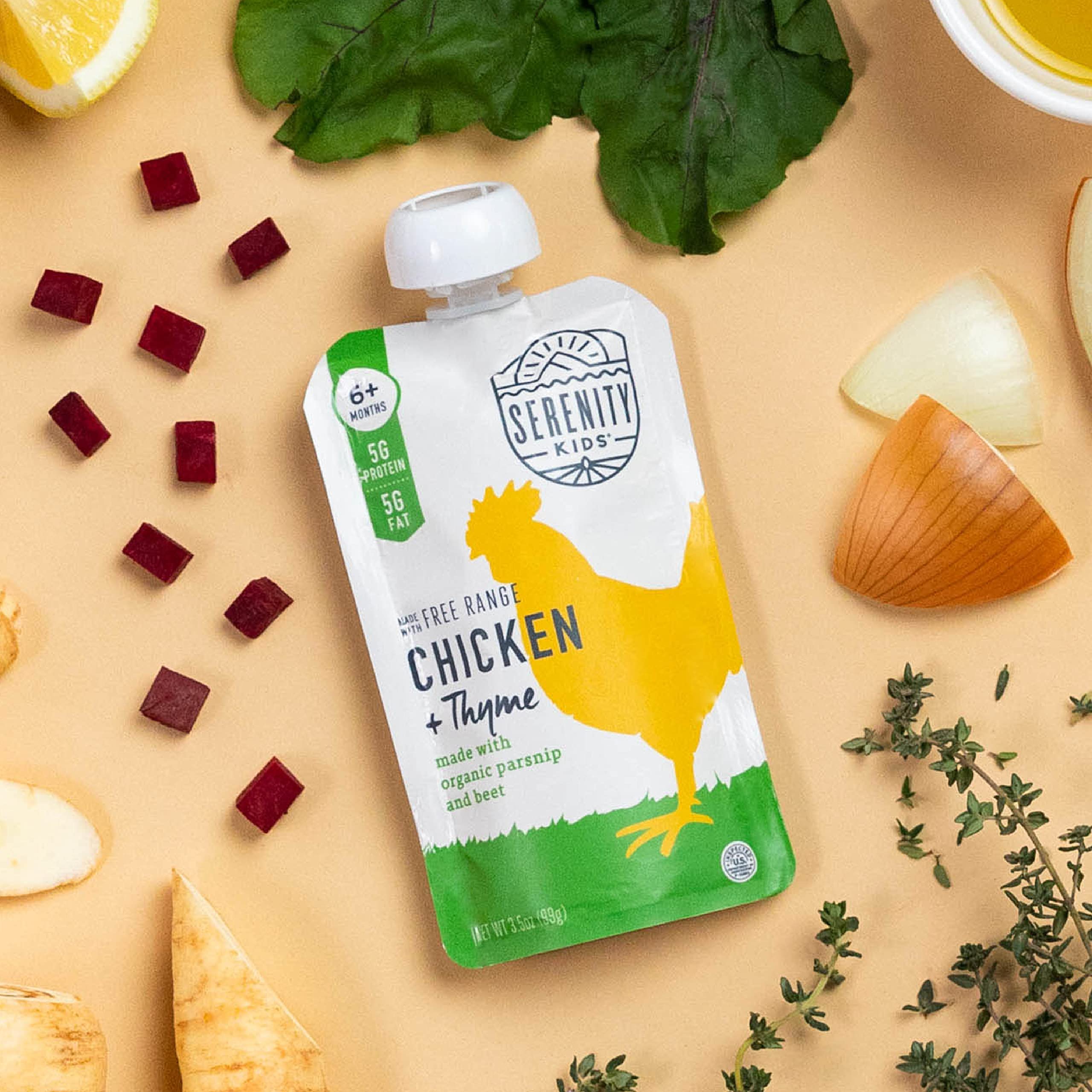 Serenity Kids 6+ Months Baby Food Pouches Puree Made With Ethically Sourced Meats & Organic Veggies | 3.5 Ounce BPA-Free Pouch | Free Range Chicken & Thyme, Parsnip, Beet | 1 Count