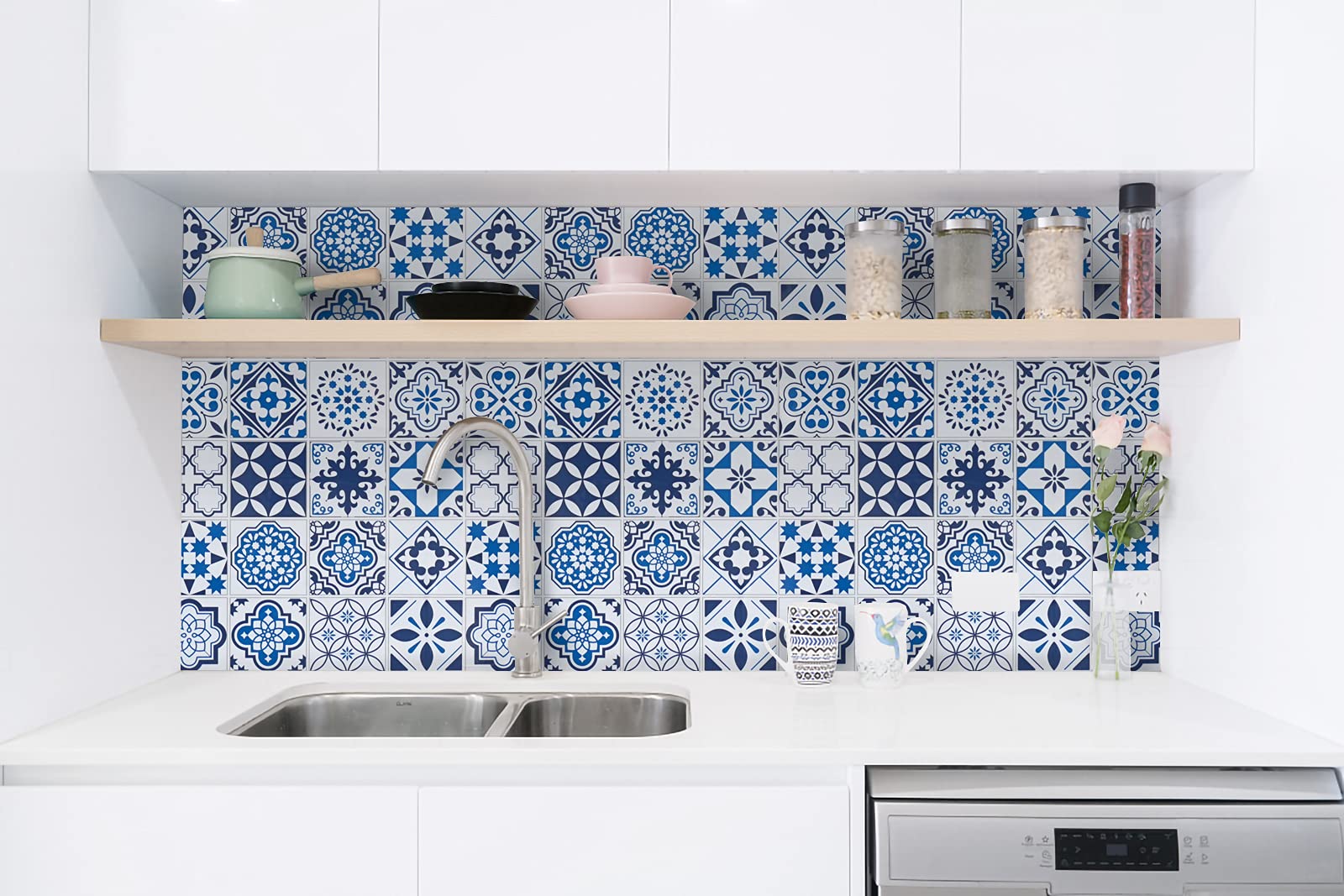 197"x 17.7"Blue Pattern Contact Paper Glossy Surface Waterproof Contact Paper Decorative Self Adhesive for Kitchen Bathroom Counters Removable Counter Paper Peel and Stick Wallpaper Easy to Clean