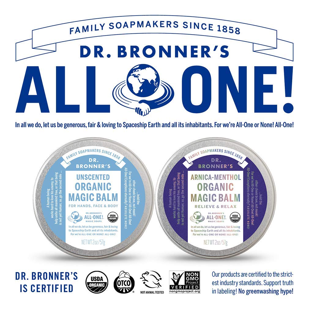 Dr. Bronner's - Organic Magic Balm (2 oz Variety Pack) Arnica-Menthol & Baby Unscented - Made with Organic Beeswax & Hemp Oil, Moisturizes and Soothes Hands, Face & Body | 2 Count