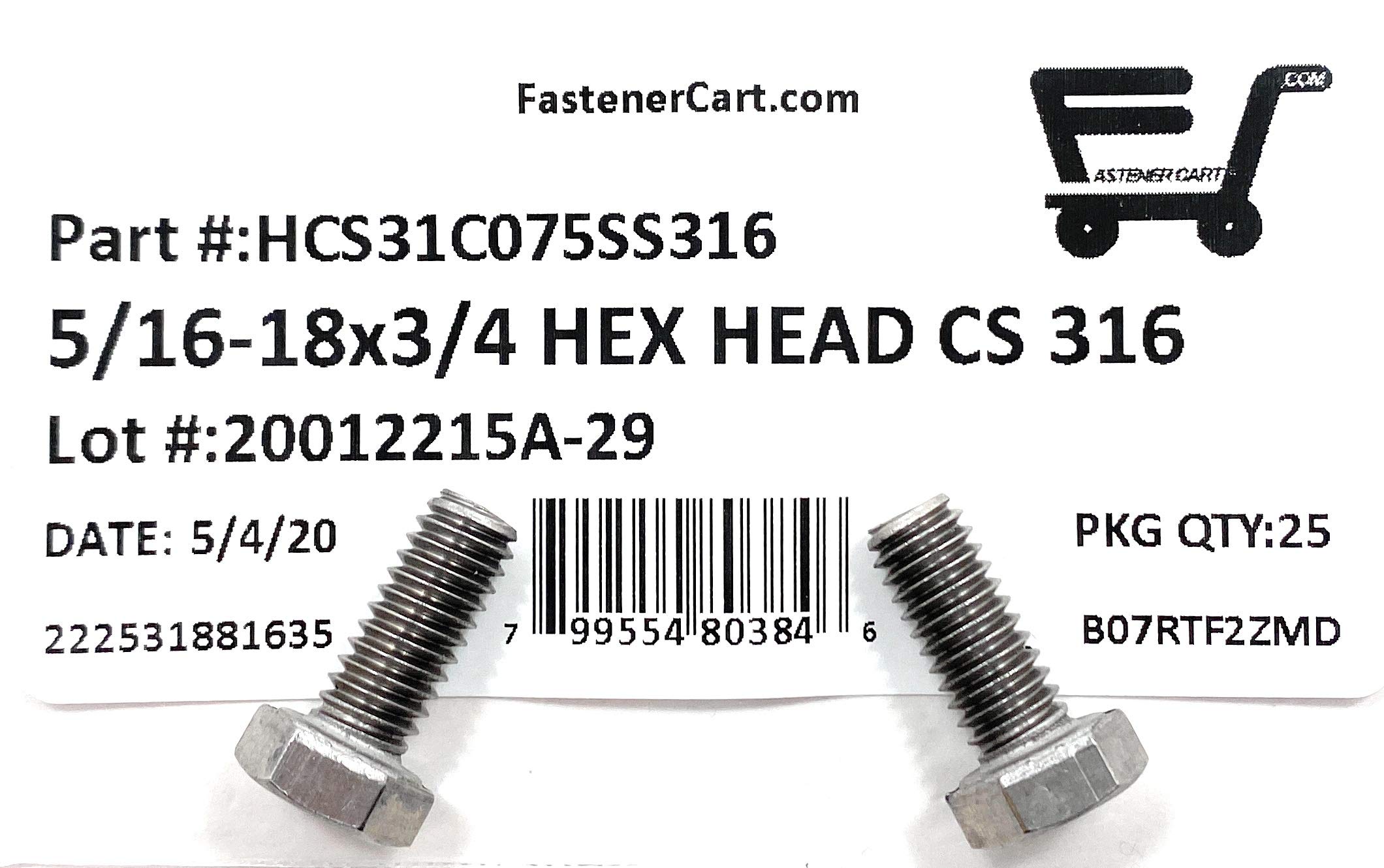 5/16-18x3/4 Stainless Steel Hex Cap Screws Hex Bolts 316 Marine Grade Stainless Steel (UNC) COARSE Thread - (25 pcs)