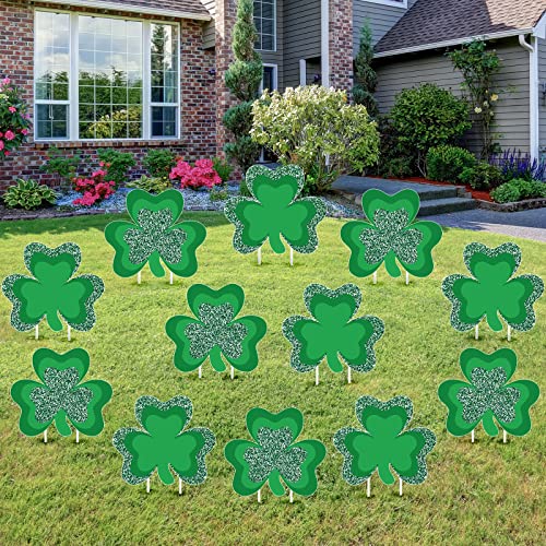 12 Pieces Shamrocks St. Patrick's Day Yard Sign with 24 Stakes Saint Patrick's Day Plastic Ornaments for Outdoor Decorations