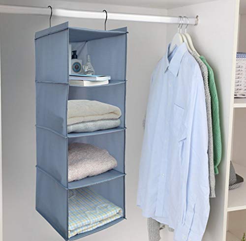 BrilliantJo 2PCS Hanging Closet Organizer, 4 Shelves Hanging Wardrobe Storage Shelves with Hook for Clothes Storage, Washable Oxford Cloth Fabric, 31"x12"x12"(Blue-Gray)