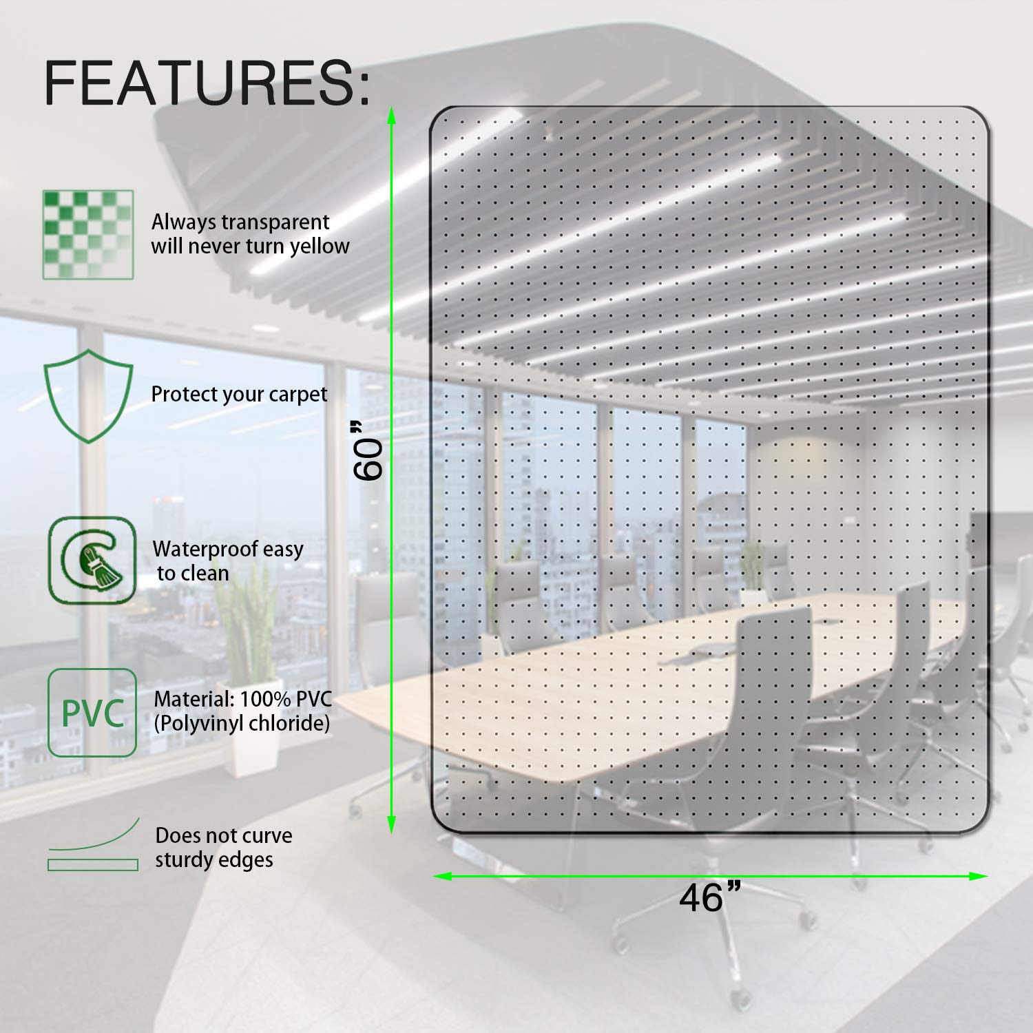 100pointONE Office Chair Mat for Carpets - 60'' x 46'' 0.09'' Thick Transparent Floor Mats for Flat Low and No Pile Carpeted Floors, with Grippers (60'' X 46'' Rectangle)