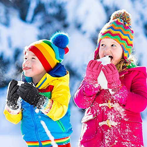 2 Pairs Kids Winter Ski Gloves Waterproof Warm Snow Mittens Full Finger Gloves for Toddlers Infants (Black, Rose Red, 5-10 Years)