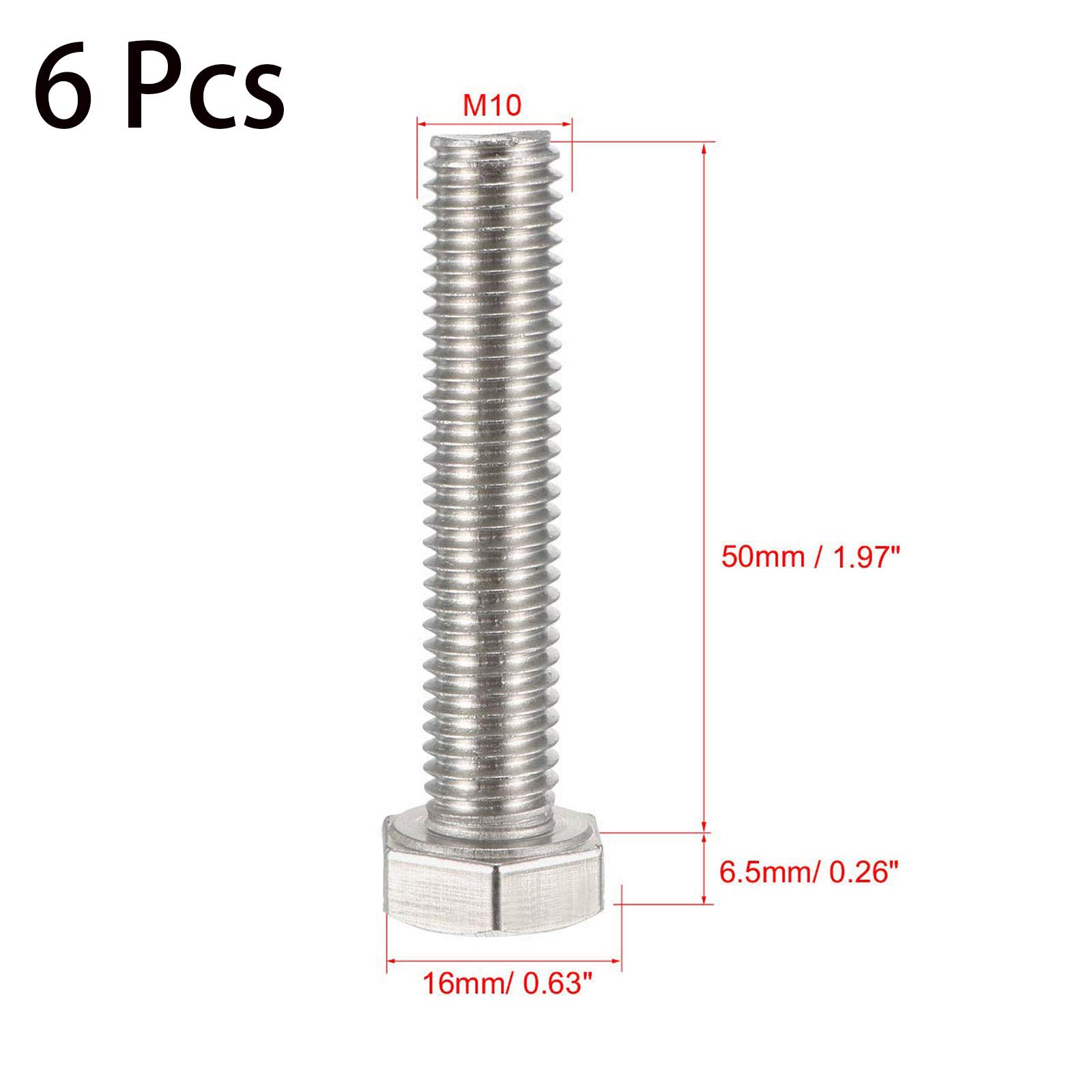 6 Pcs M10 Hex Bolt M10-1.5 x 50mm UNC Hex Head Screw Bolts A2-70(304) Stainless Steel Fully Threaded Hex Tap Bolts,Plain Finish,Fully Threaded (M10 x 50mm)