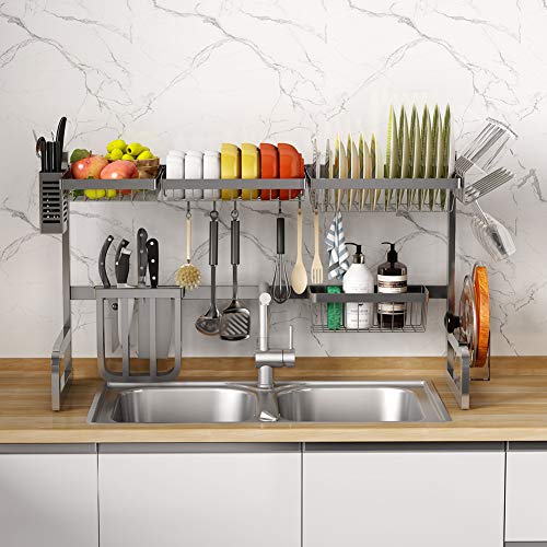1Easylife Over The Sink Dish Drying Rack Adjustable 2-Tier Large Dish Dryer Rack for Kitchen Organizer Storage Space Saver Shelf Utensils Holder with 7 Utility Hook Tableware Drainer (Silver)