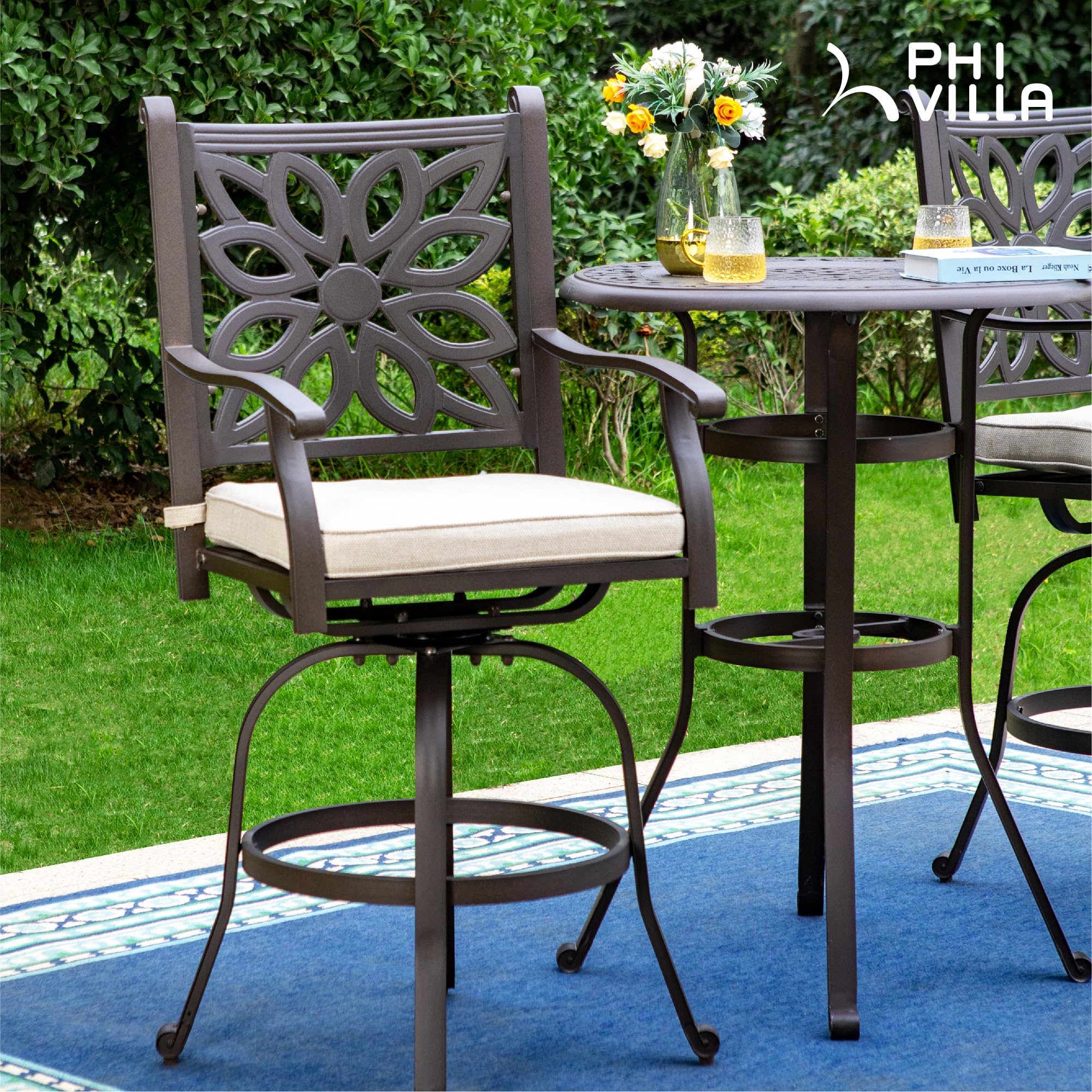 PHI VILLA Outdoor Swivel Bar Stools, Cast Aluminum Patio Pub Height Swivel Arms Chairs with Seat Cushion, Set of 4 Easy Assemble
