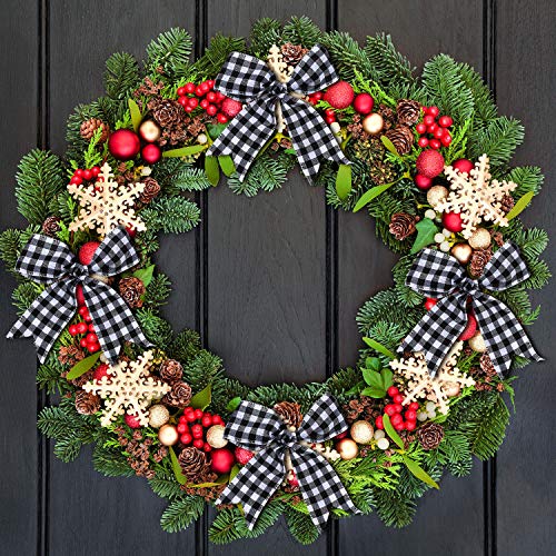 2 Rolls Wired Edge Ribbons Buffalo Plaid Burlap Ribbon Farmhouse DIY Gift Wrapping Crafts for Christmas Bow Wreath Tree Decoration (White Black Plaid, 2.5 Inch Wide, 472 Inch)