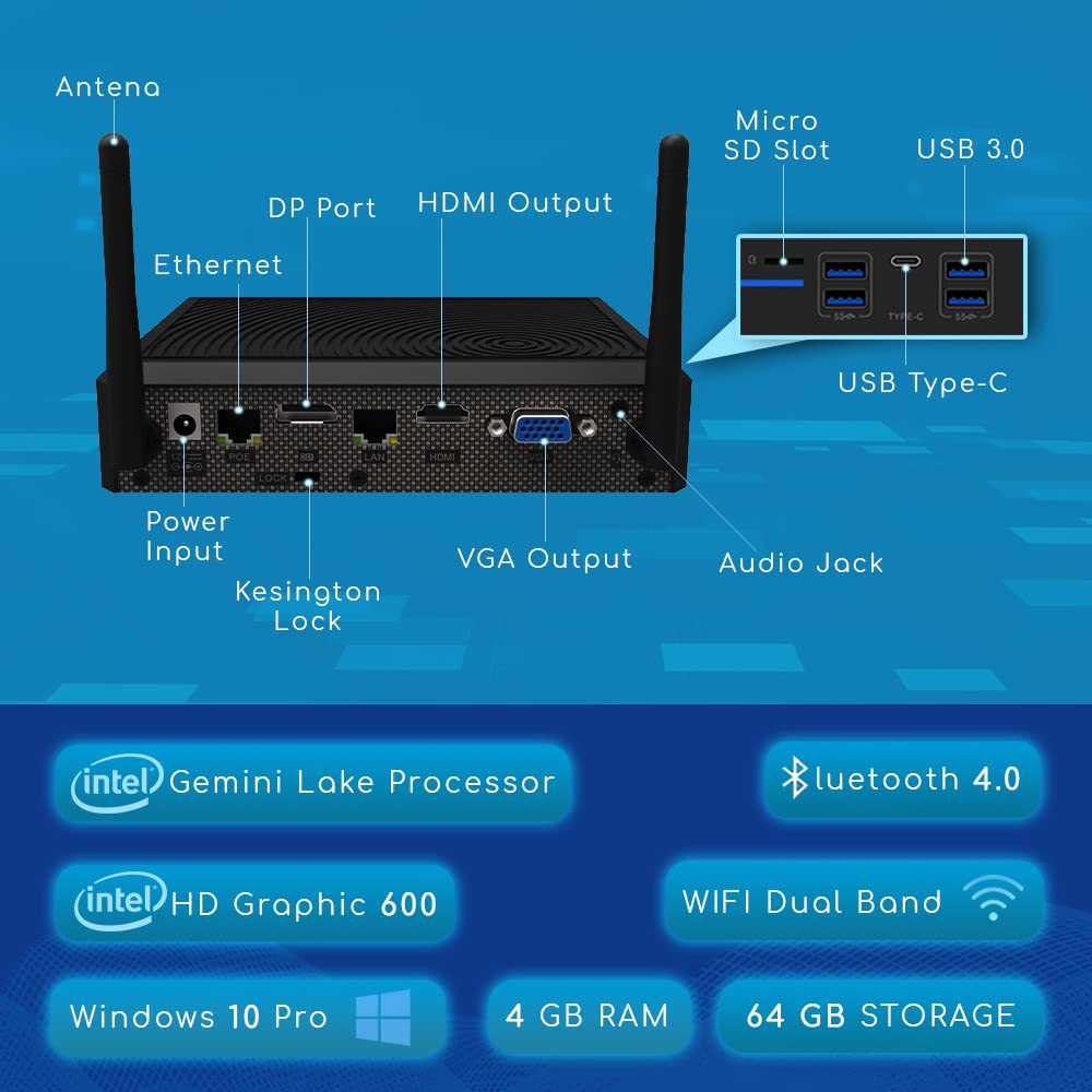 AZULLE Byte4 Pro Fanless Mini Desktop PC 4GB/64GB with Keyboard - Business & Home Powerful Portable Computer, WiFi, Ethernet, Windows 10 Pro